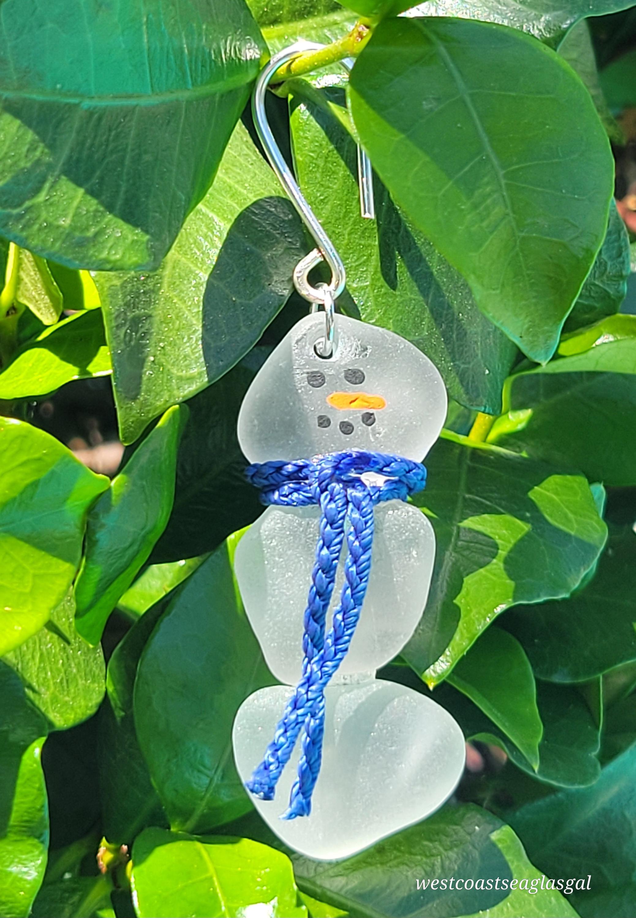 Sea Glass Snowman Tree Ornament Hand Braided Scarf, Hand Painted ...