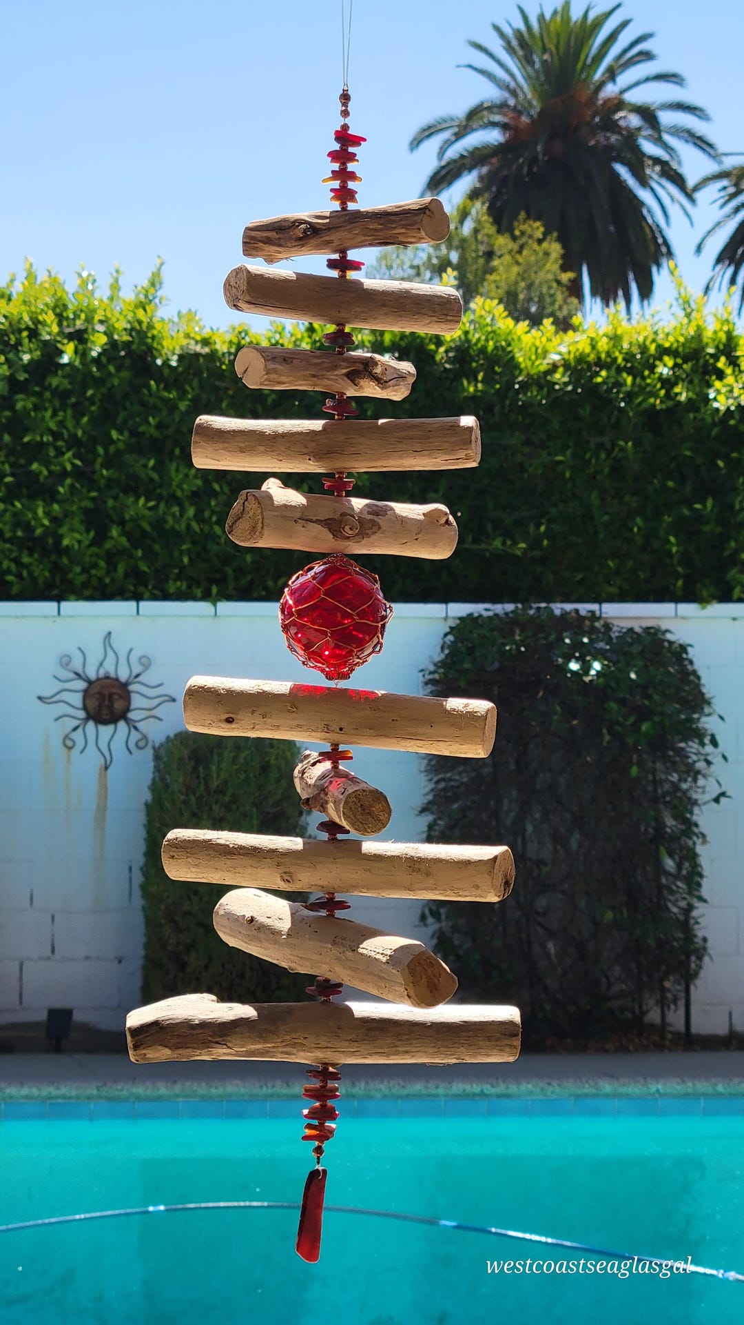 Driftwood Spinner With Red Gazing Japanese Float Replica, Sea Glass and ...