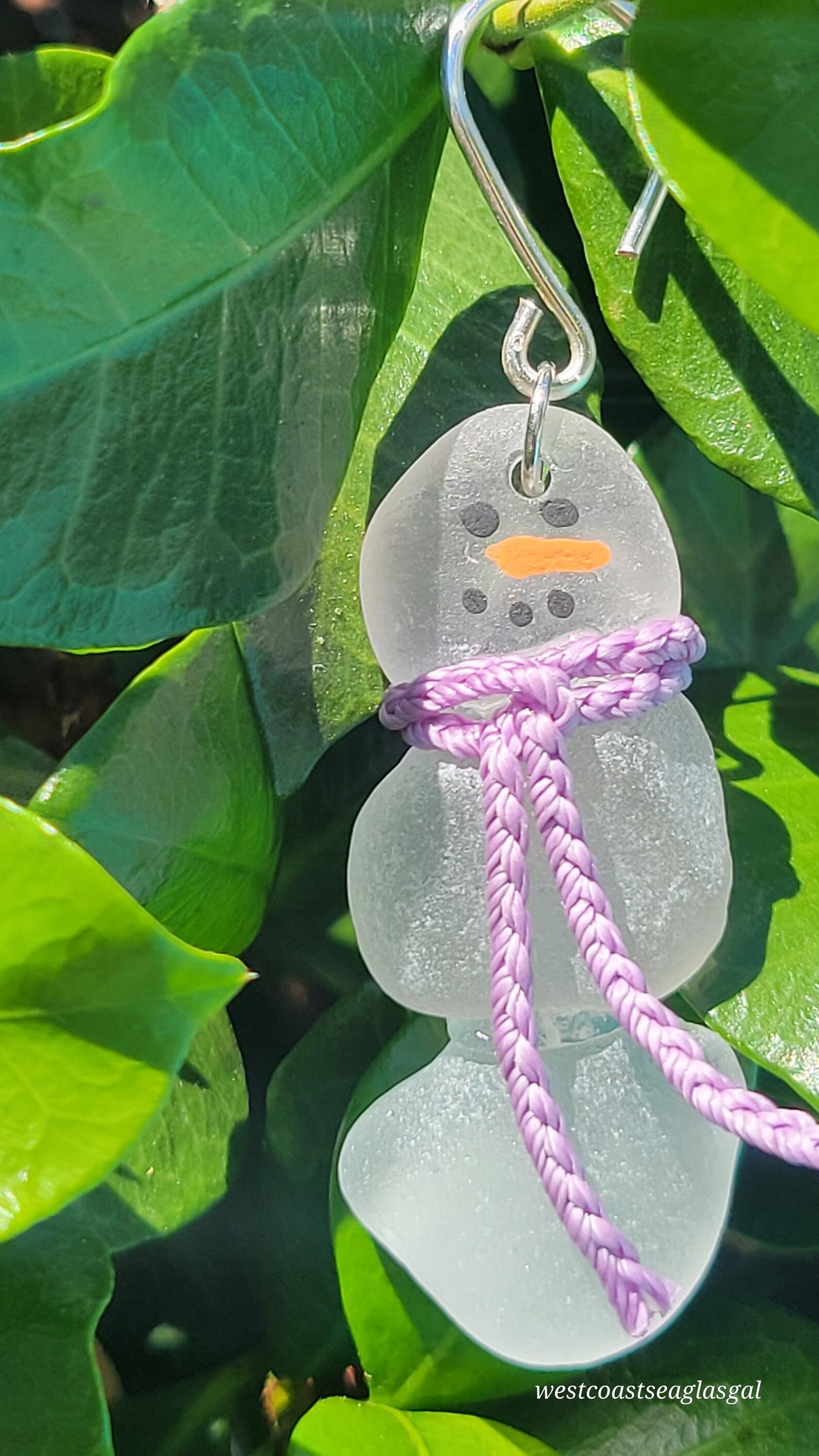 Sea Glass Snowman Tree Ornament Hand Braided Scarf, Hand Painted ...