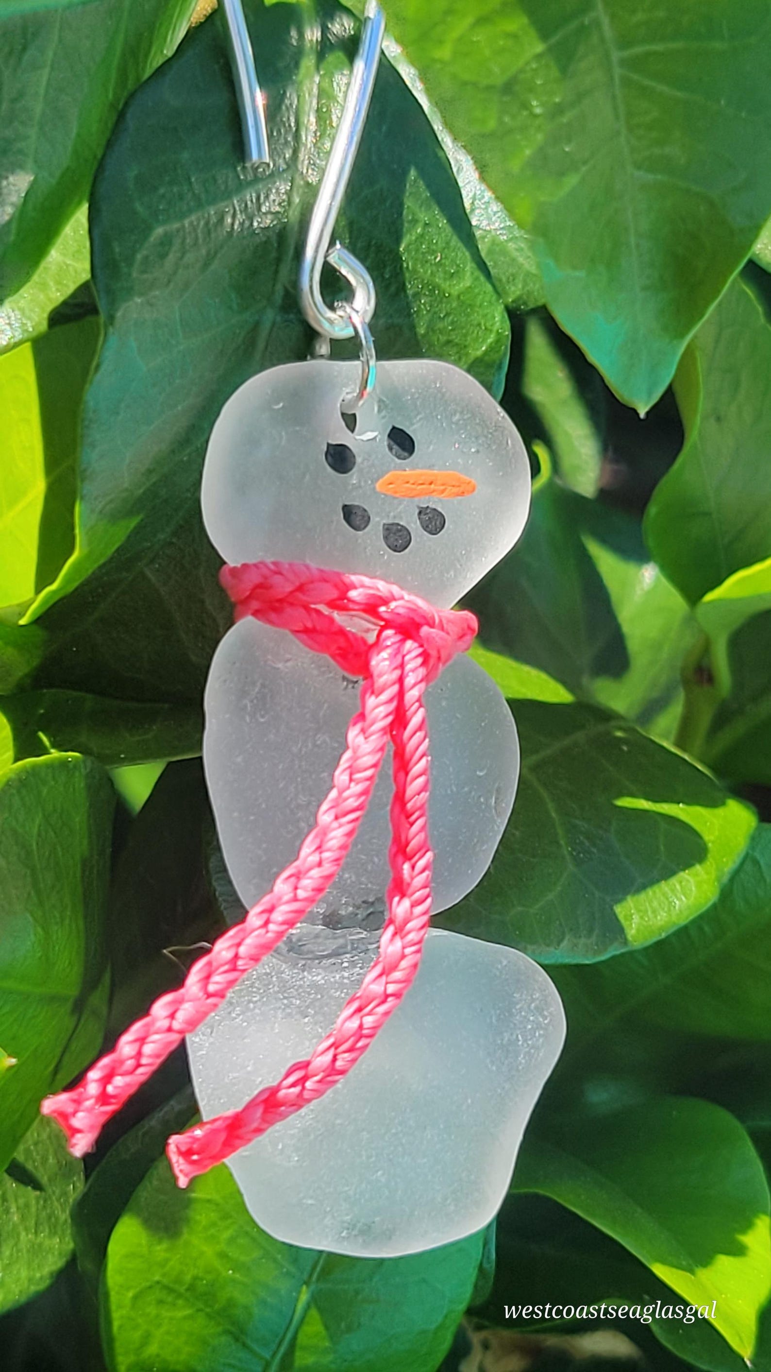 Sea Glass Snowman Tree Ornament Hand Braided Scarf, Hand Painted ...
