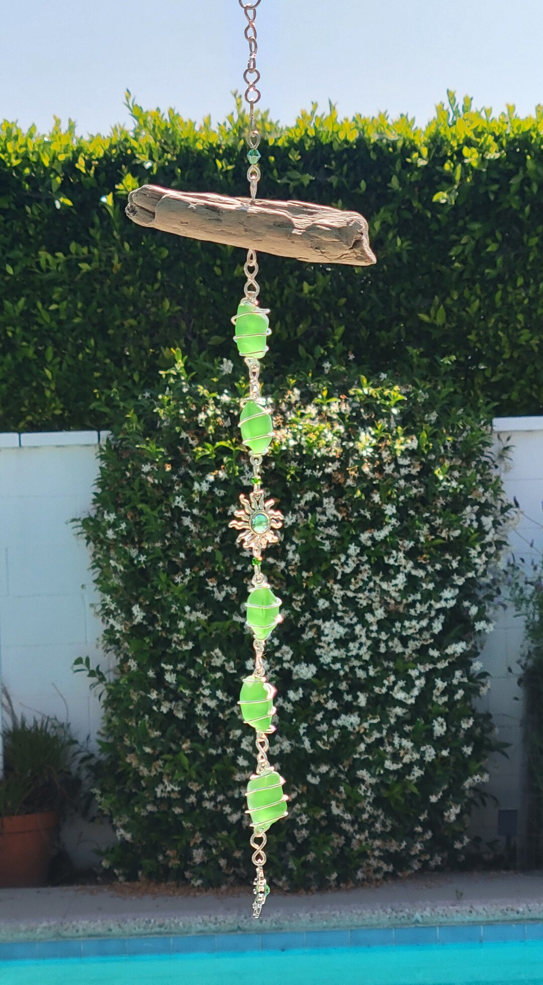 Sunburst Suncatcher With Green Sea Glass Tumbled Gems With Silver Sun ...
