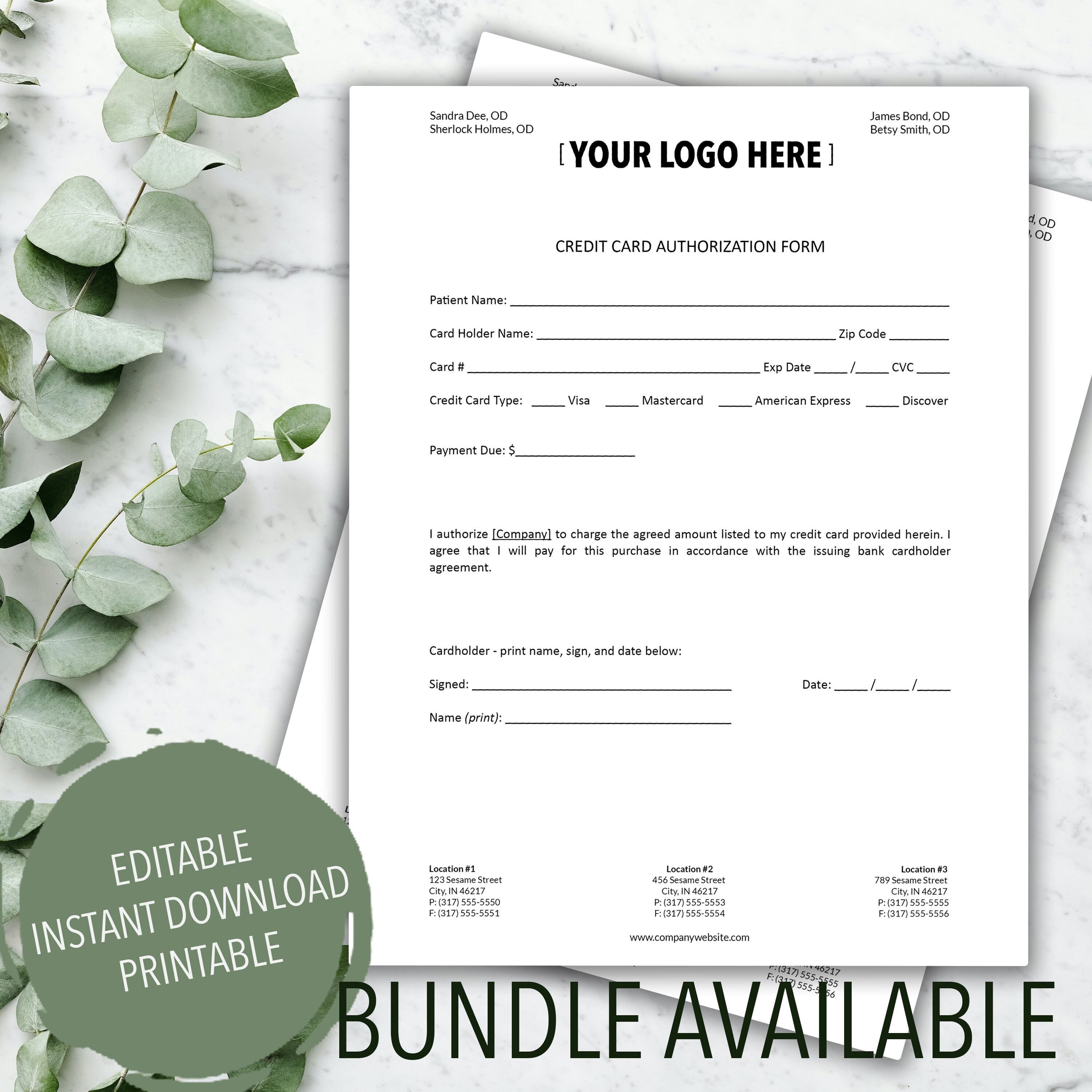 Credit Card Authorization Form, Healthcare, Optometry, Ophthalmology ...