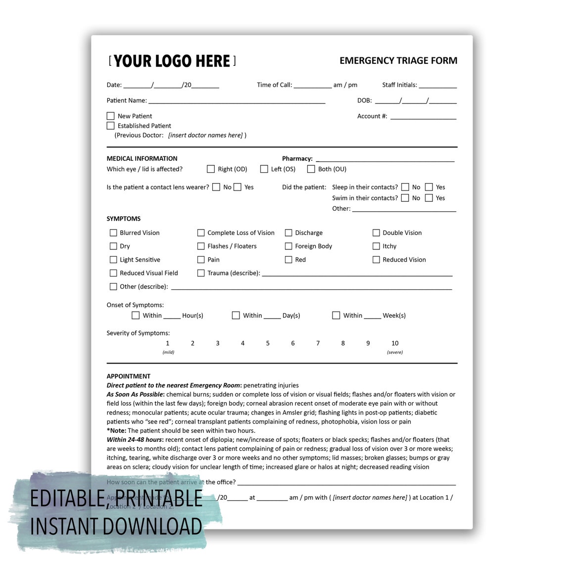 Emergency Triage Form, Healthcare, Optometry, Ophthalmology | Printable ...