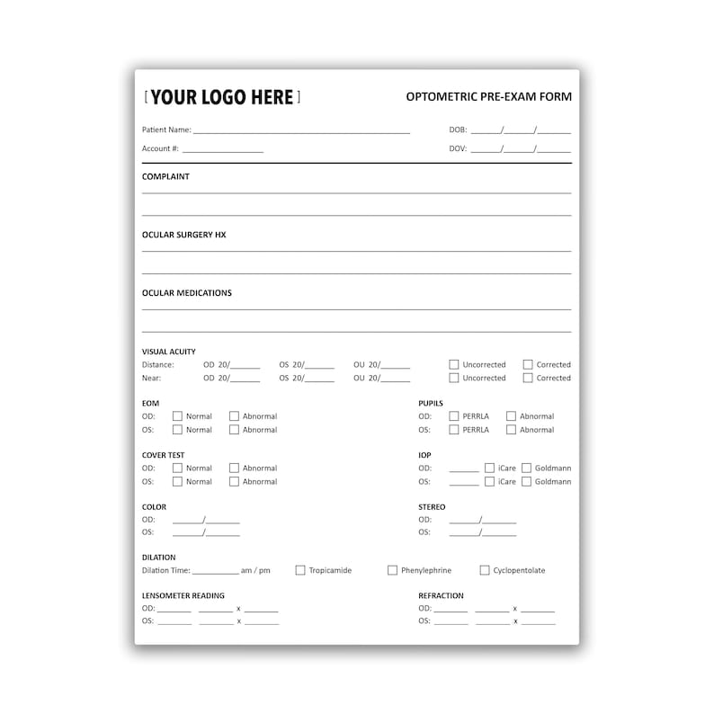 Ophthalmology/optometry Pre-examination Template/tracker, Healthcare ...