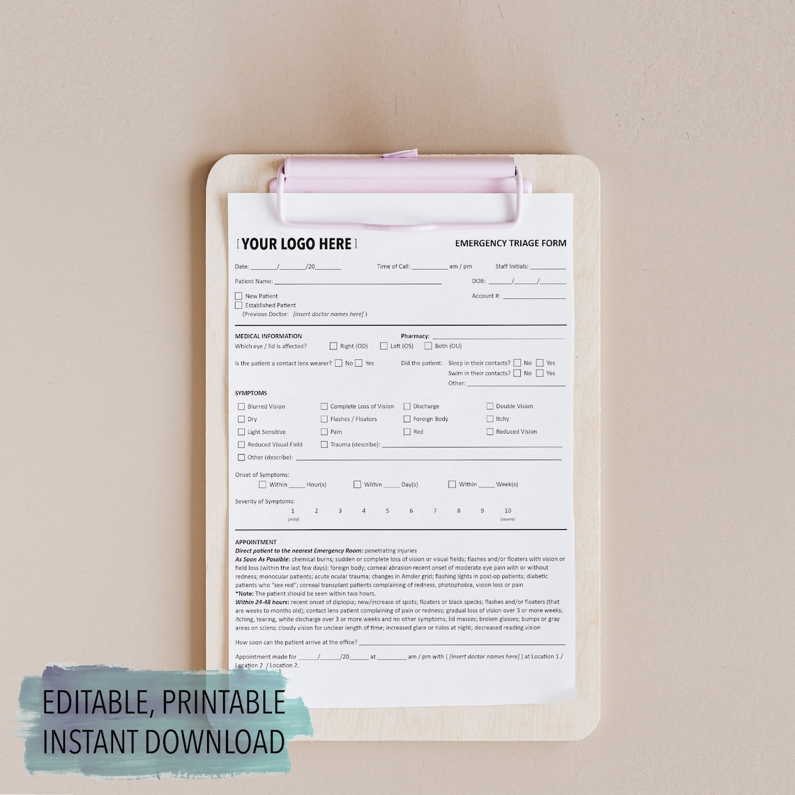 Emergency Triage Form, Healthcare, Optometry, Ophthalmology | Printable ...