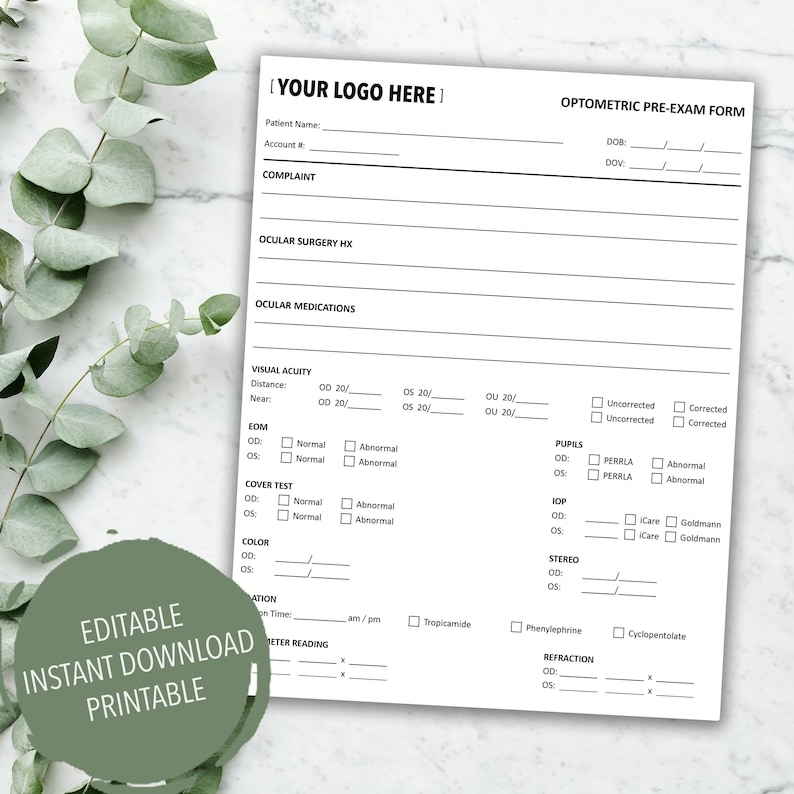 Ophthalmology/optometry Pre-examination Template/tracker, Healthcare ...