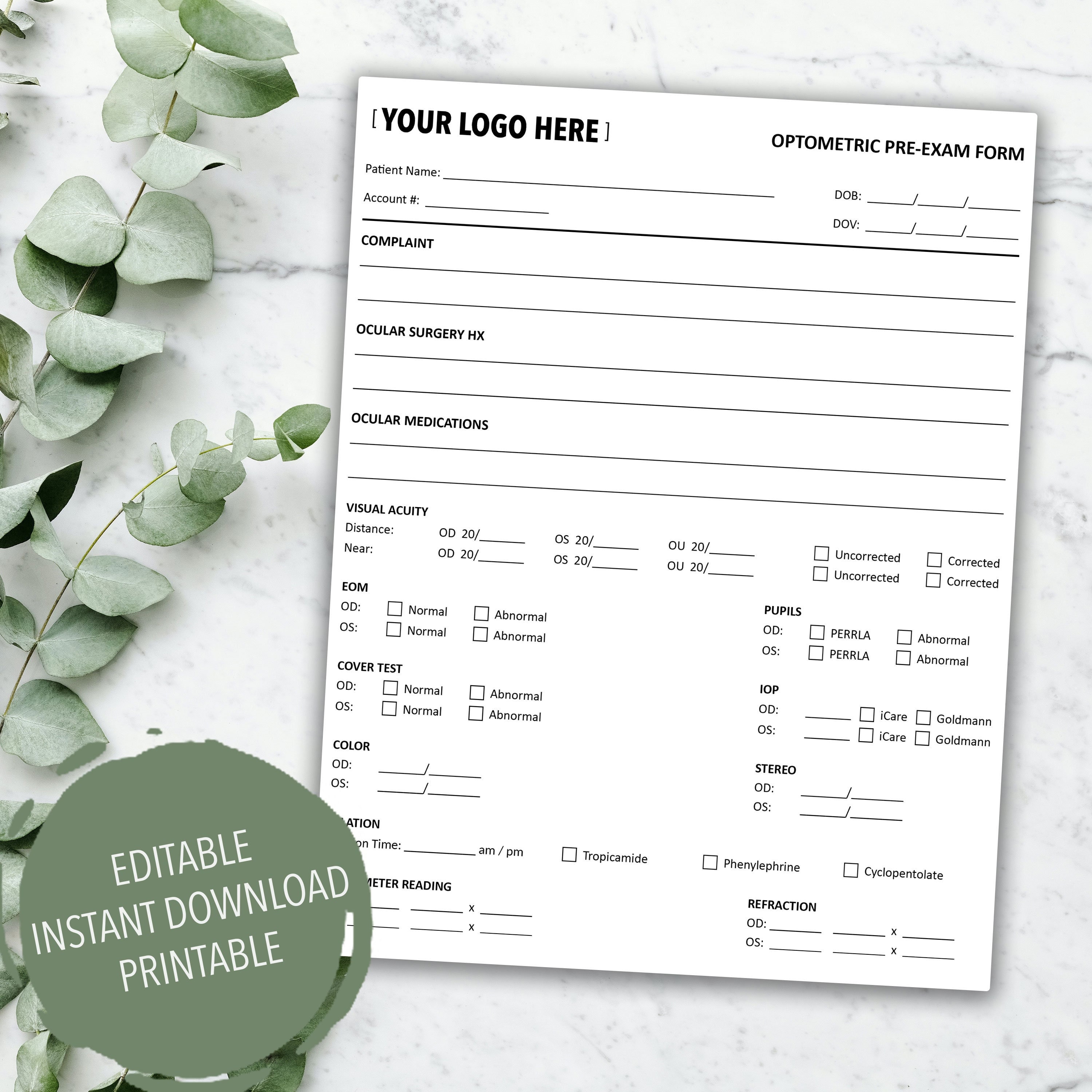 Ophthalmology/optometry Pre-examination Template/tracker, Healthcare ...