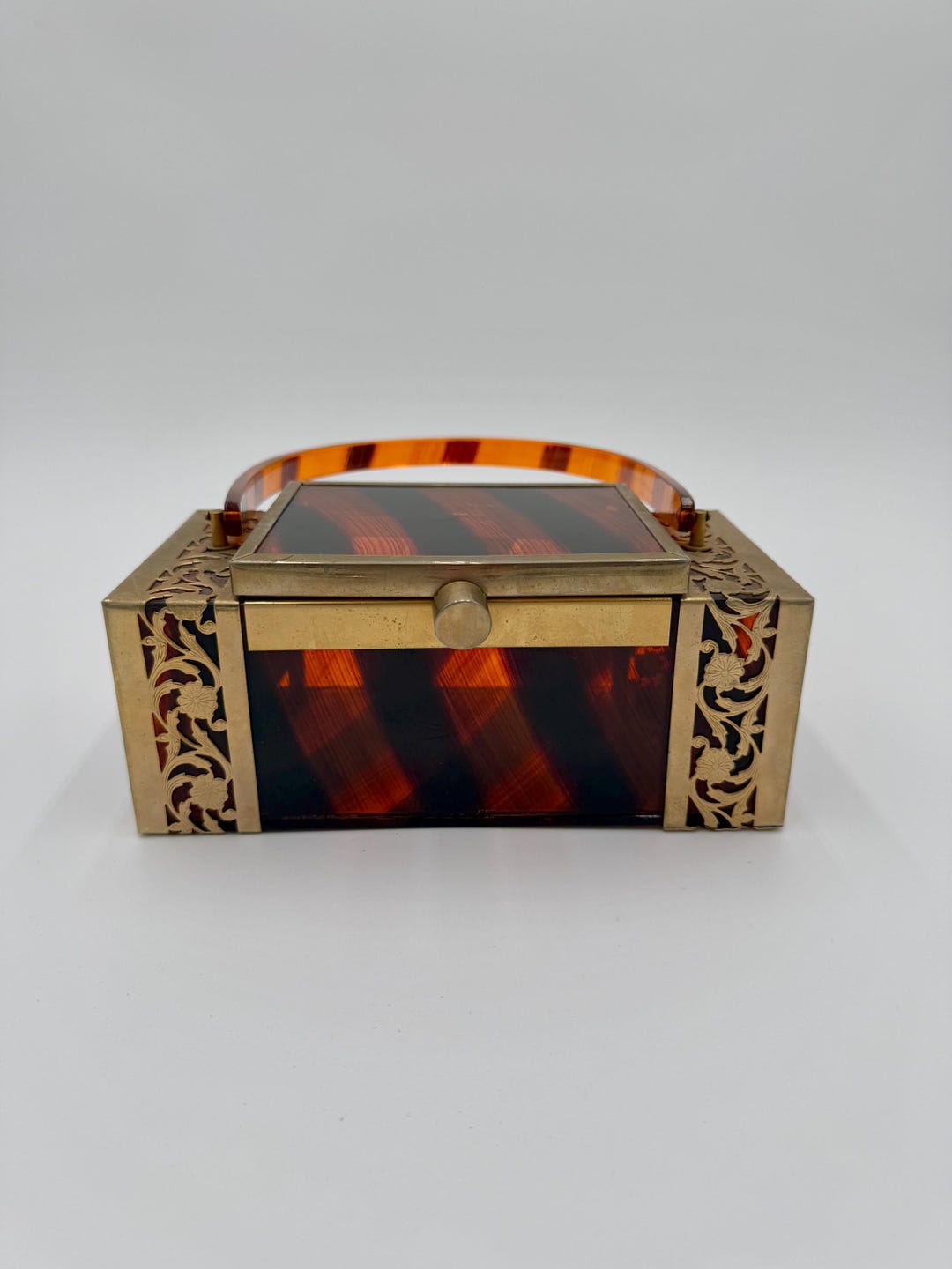 Rare 1950's Vintage Tyrolean NY Tiger Tortoiseshell Lucite Ornate Gold ...