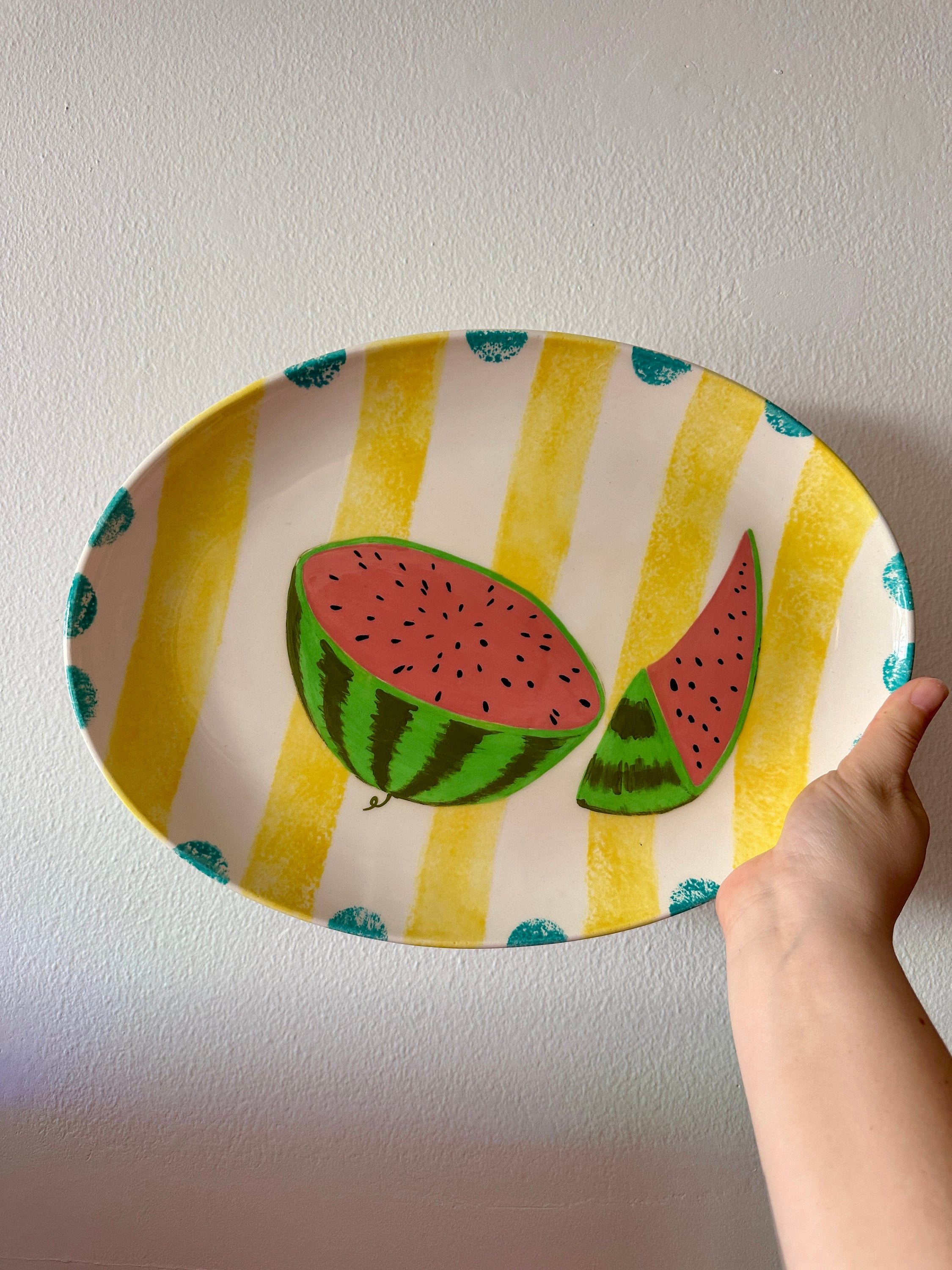 Vintage 1990's Large Signed Colorful Watermelon Stripe Ceramic Pottery ...