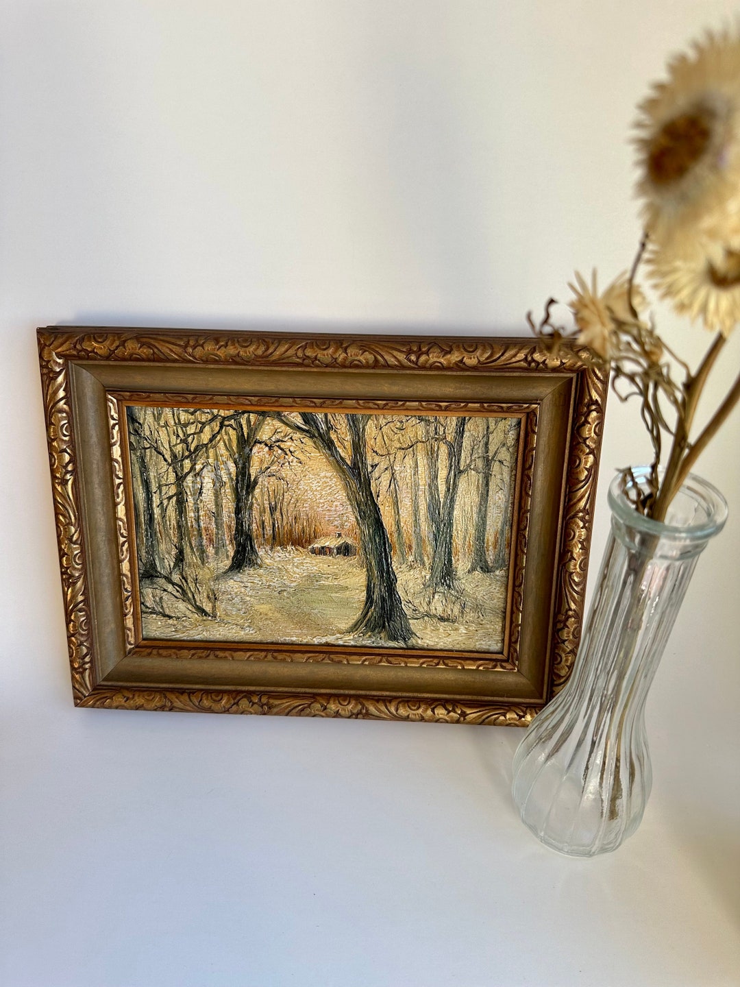 Vintage Original Winter Forest Scene Painting With Beautiful Gold ...