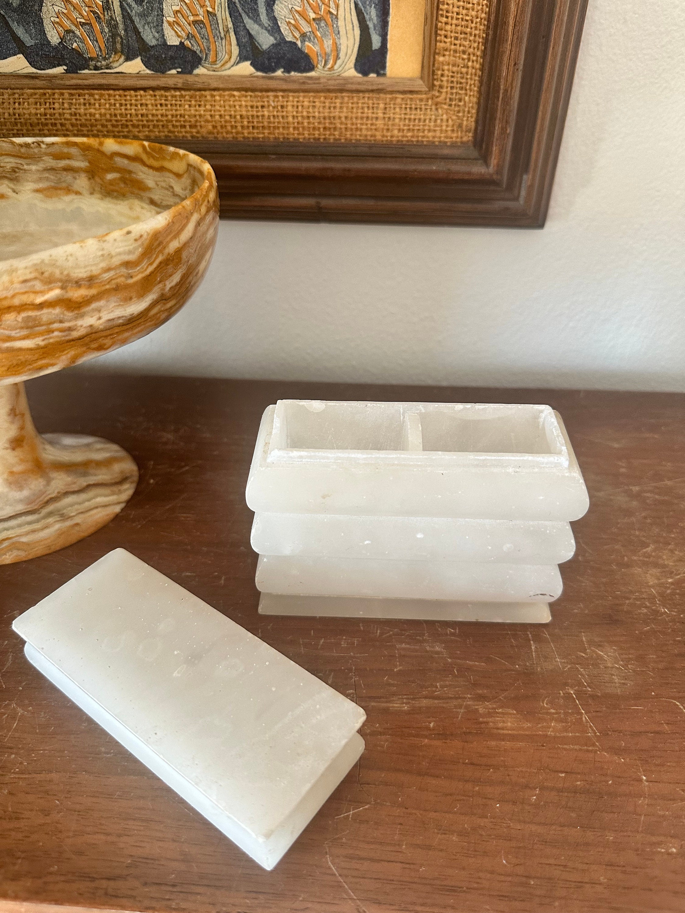 Rare Vintage Art Deco White Alabaster Rectangular Wavy Lidded Two ...