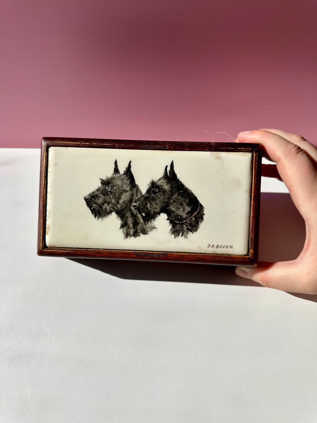 Rare Antique Signed Scottie Dog Tile Wood Leather Encased Box - Etsy