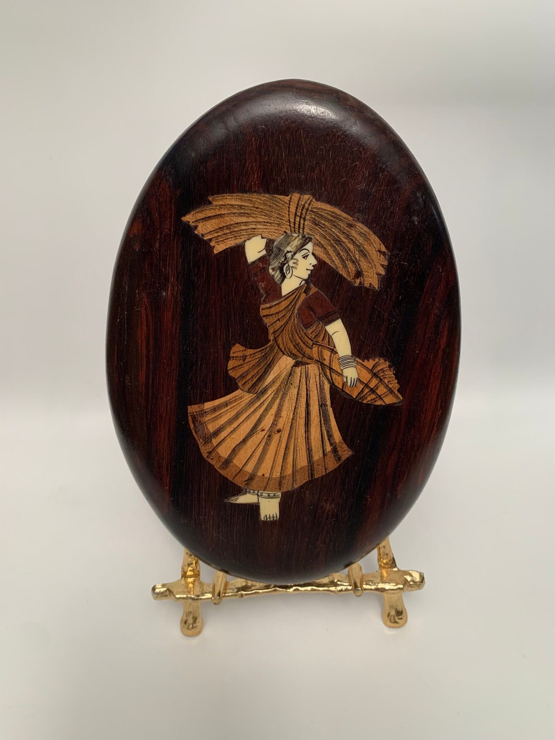 Vintage Rosewood Indian Woman Wood Inlay Marquetry Hanging Wall Plaque ...