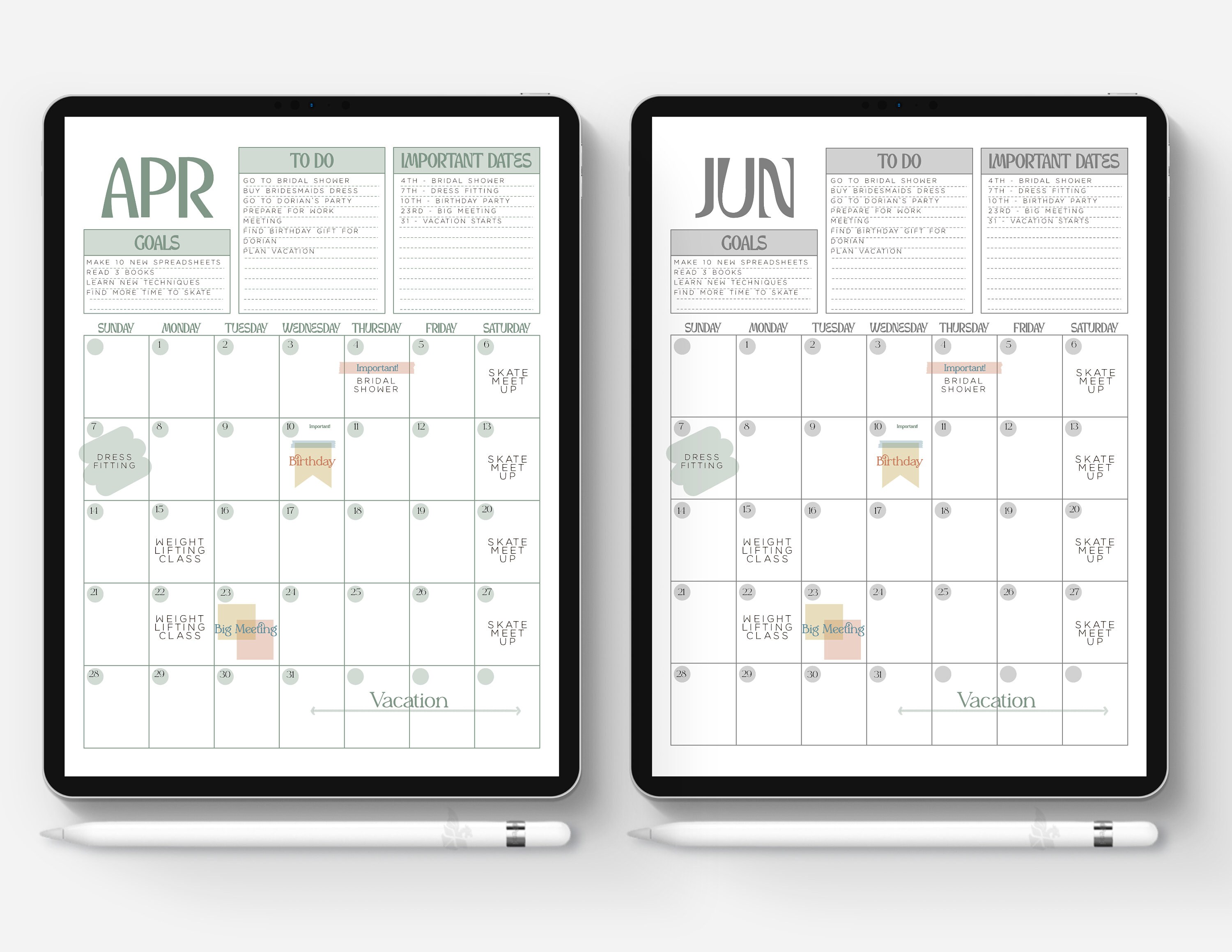 Undated Monthly Digital & Printable Calendar in 4 Colors: Goodnotes and ...