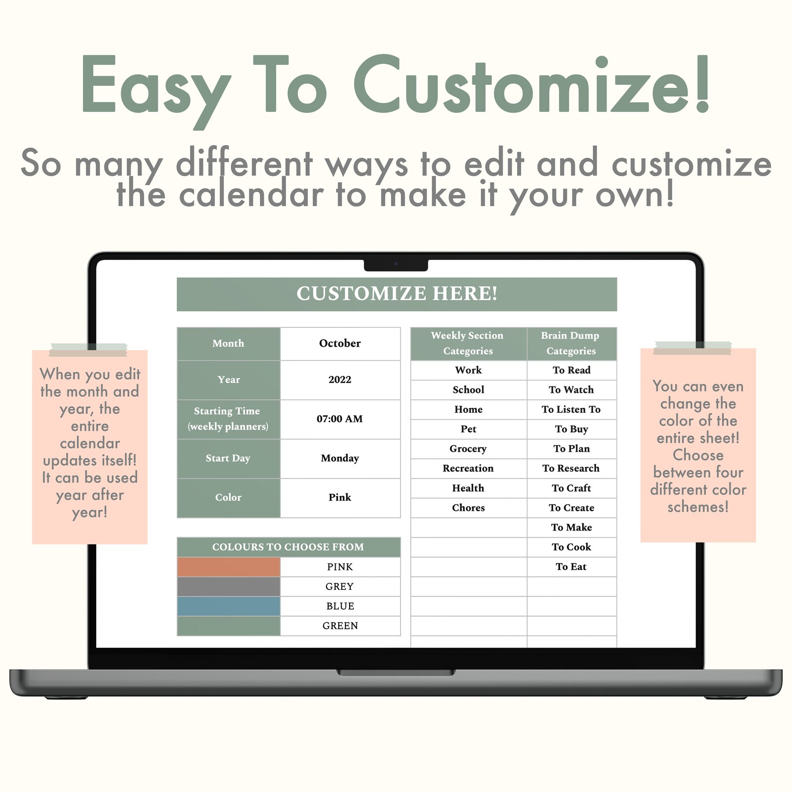 Dynamic & Editable Spreadsheet Calendar With Daily Weekly Monthly ...
