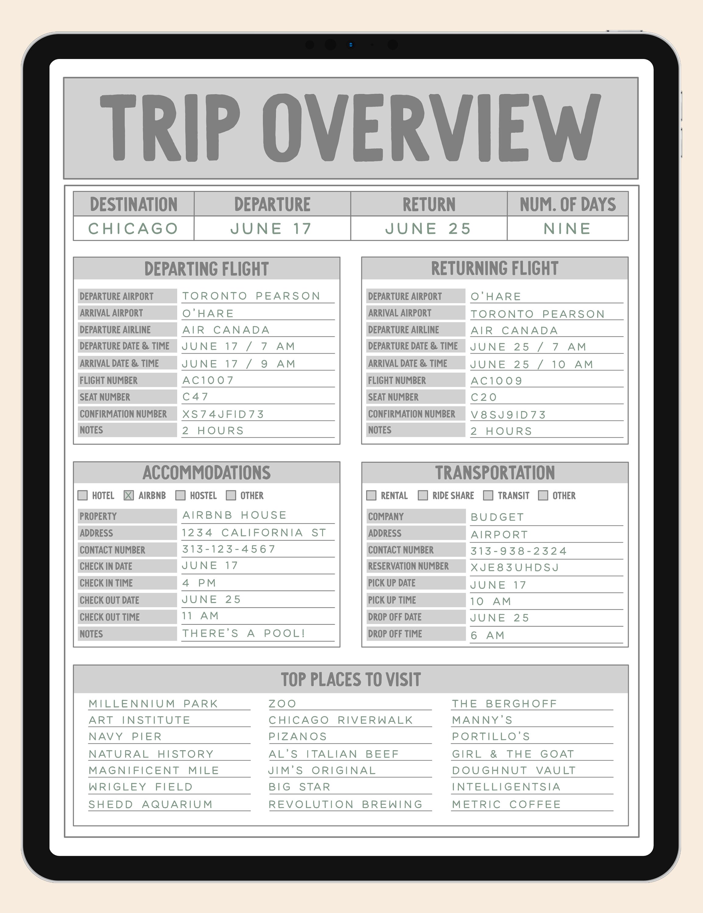 Printable Vacation Planner | Digital Vacation Itinerary Planner ...