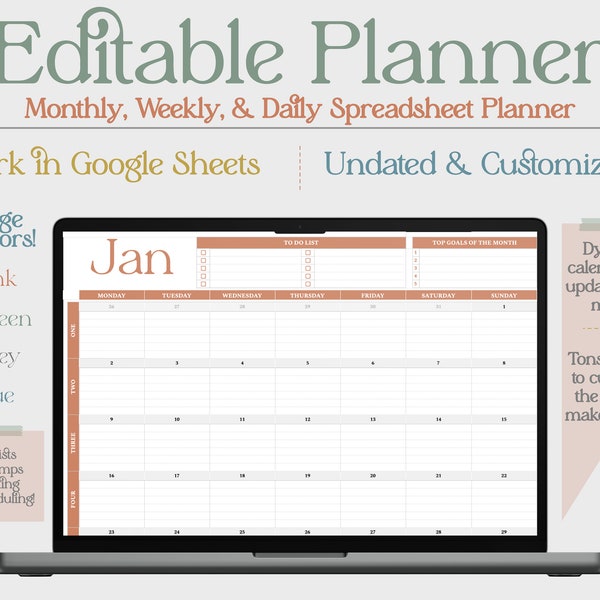 Excel Editable Monthly Calendar Template - Etsy