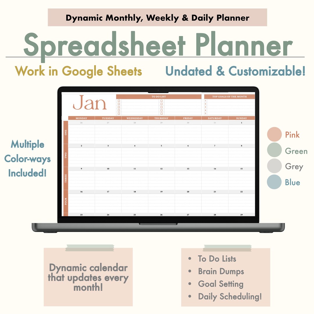 Dynamic & Editable Spreadsheet Calendar With Daily Weekly Monthly ...