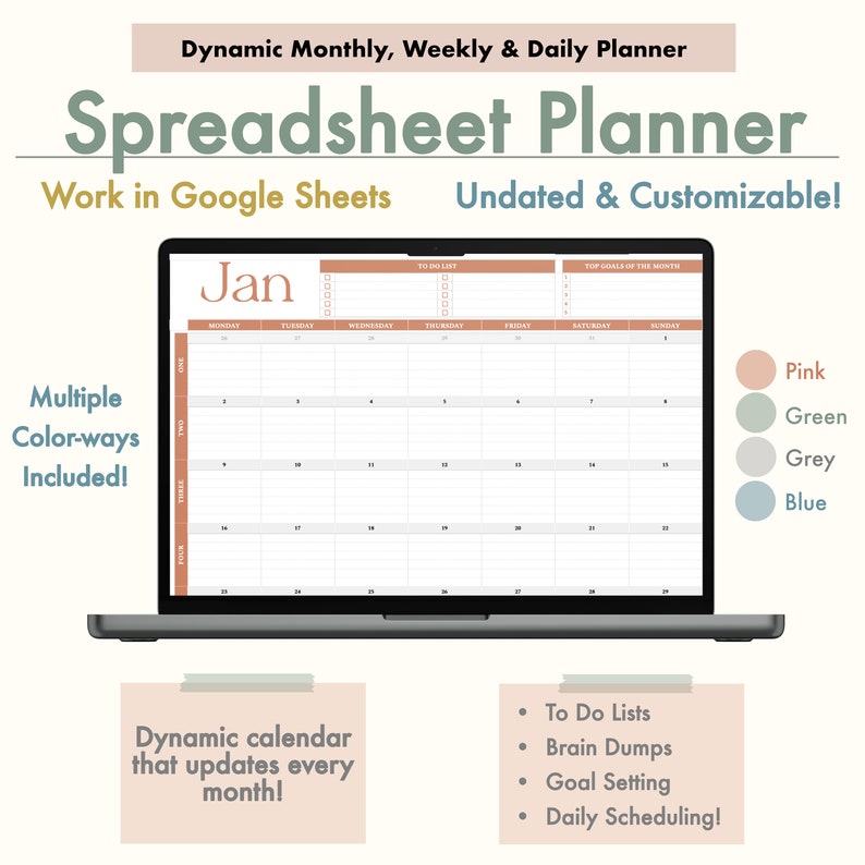 Dynamic & Editable Spreadsheet Calendar With Daily Weekly Monthly ...