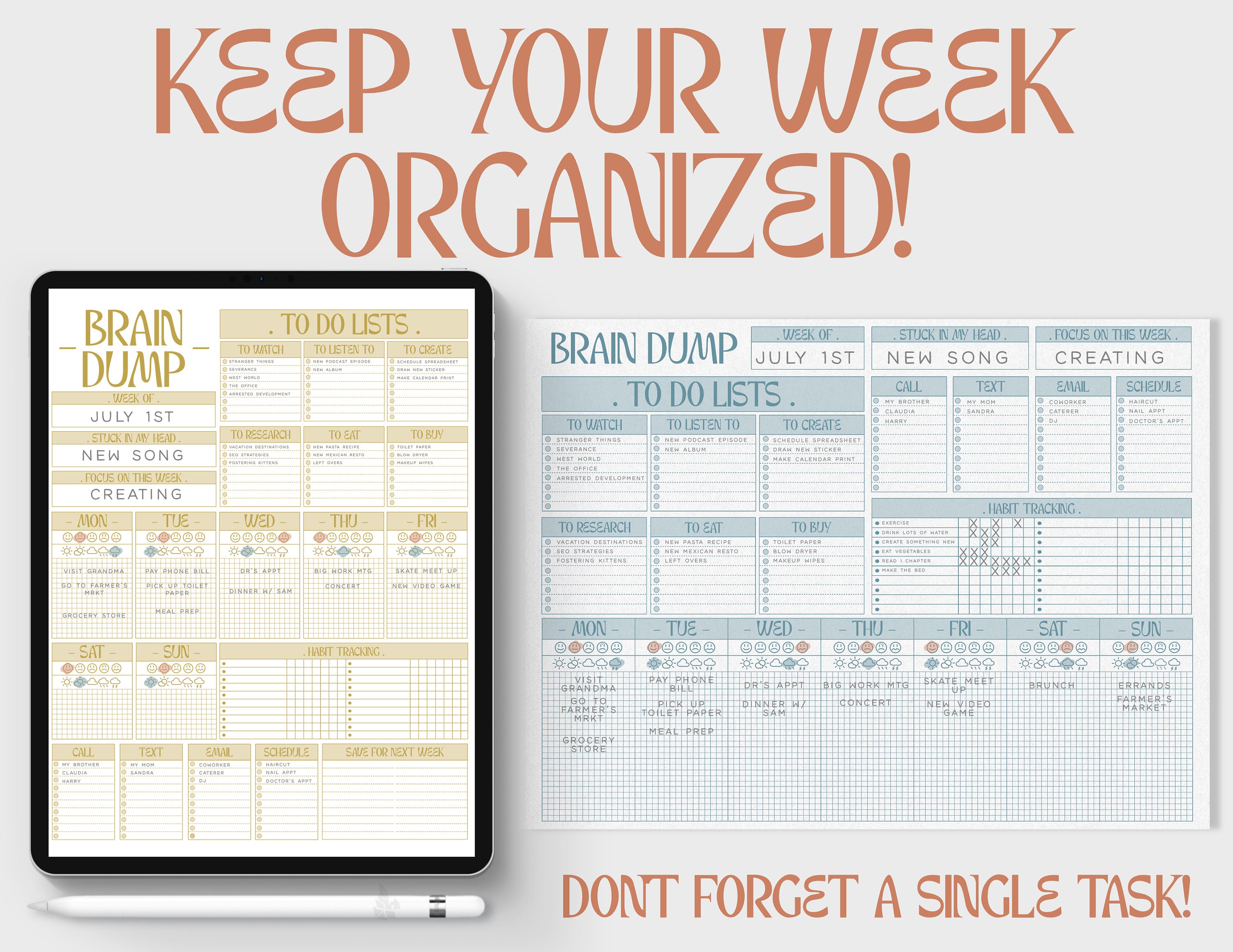 Easy Brain Dump Printable to Helpdeclutter Your Mind: Weekly Digital ...