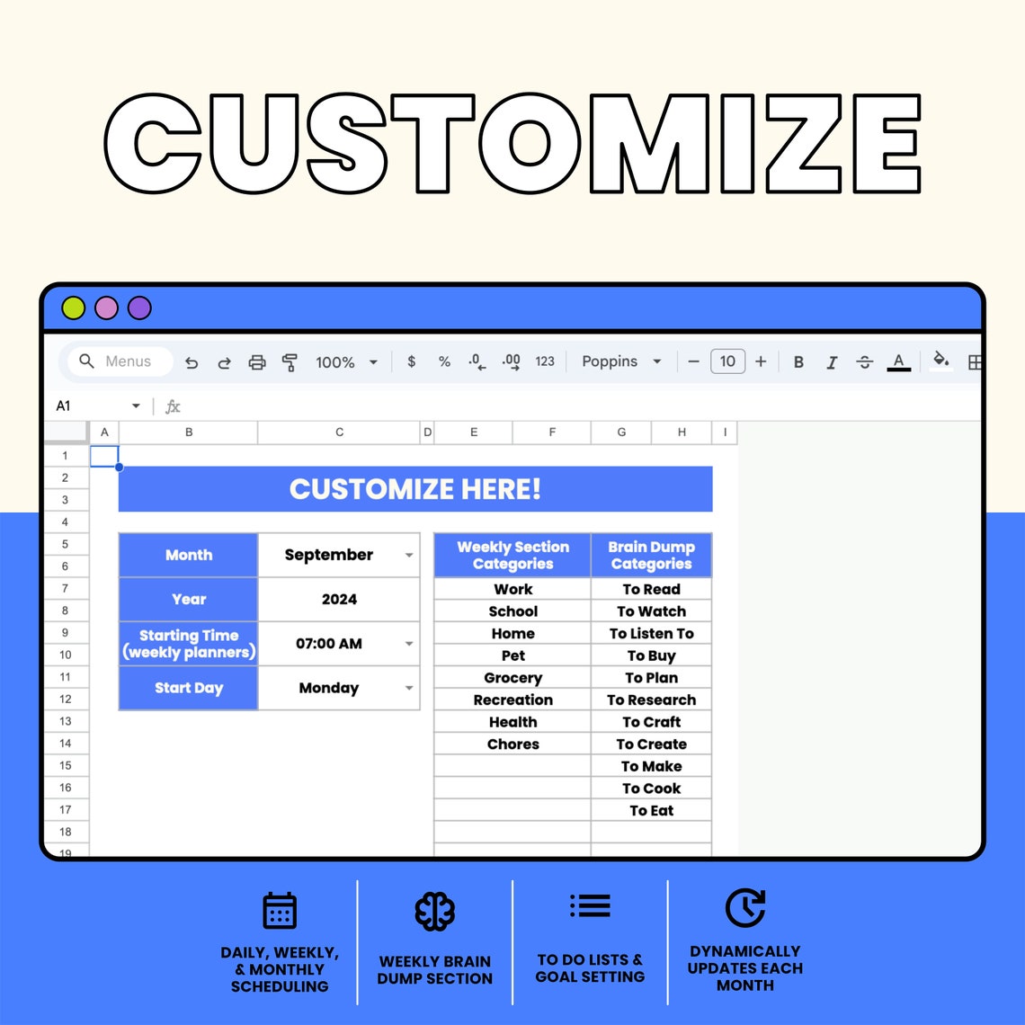 2024 Editable Calendar | Google Sheets Planner With Daily, Weekly ...