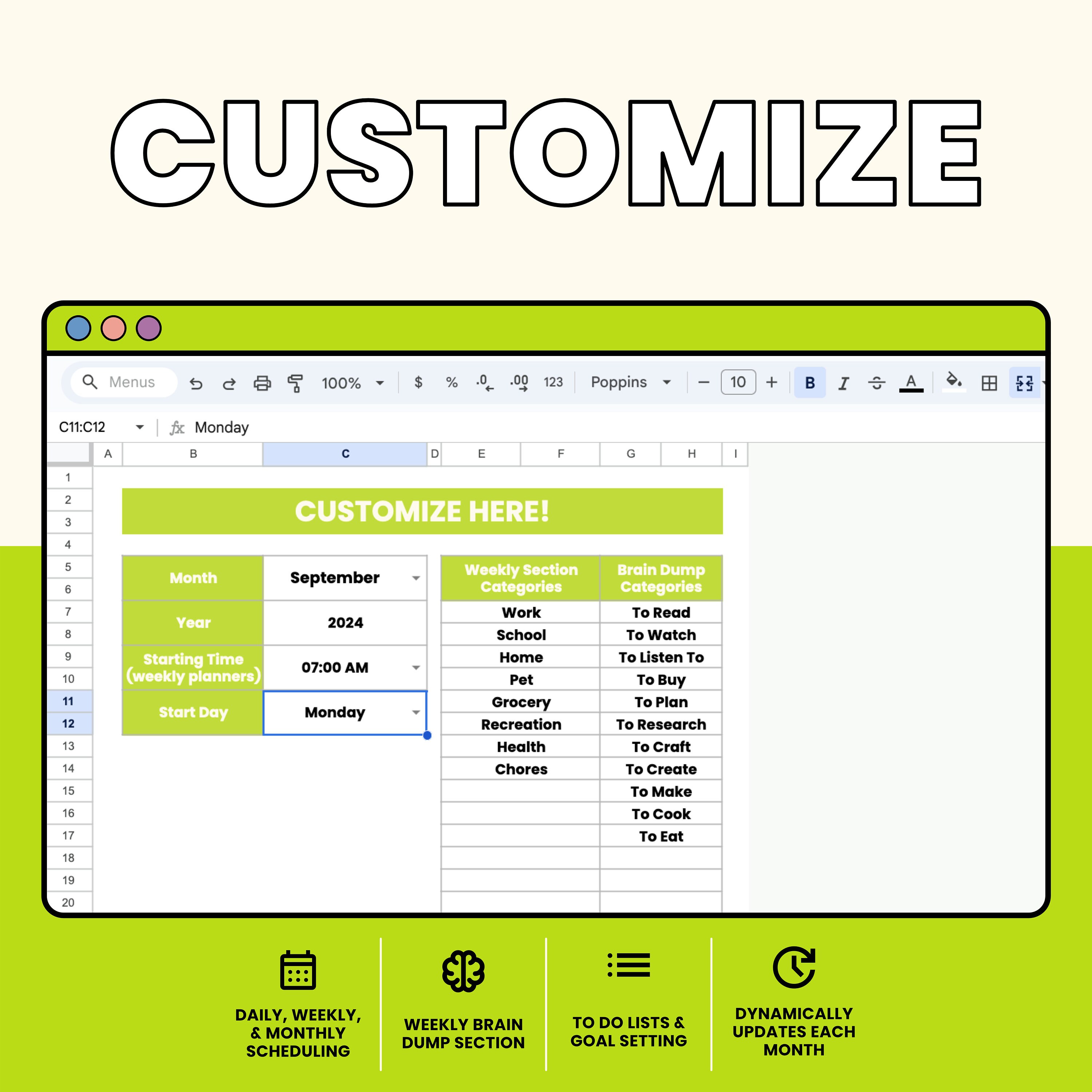 Editable Spreadsheet Calendar 2024 | Google Sheets Planner W/ Daily ...