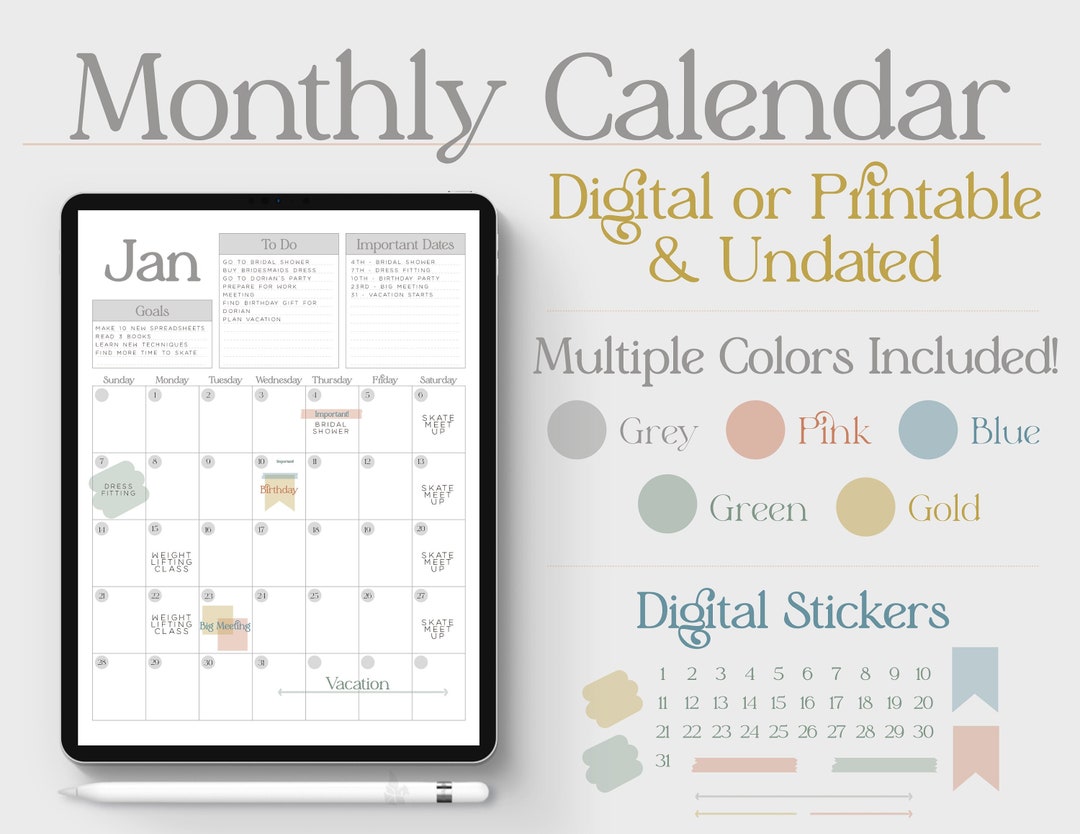 Monthly Calendar for iPad & Printable - Undated, Cute, Customizable ...