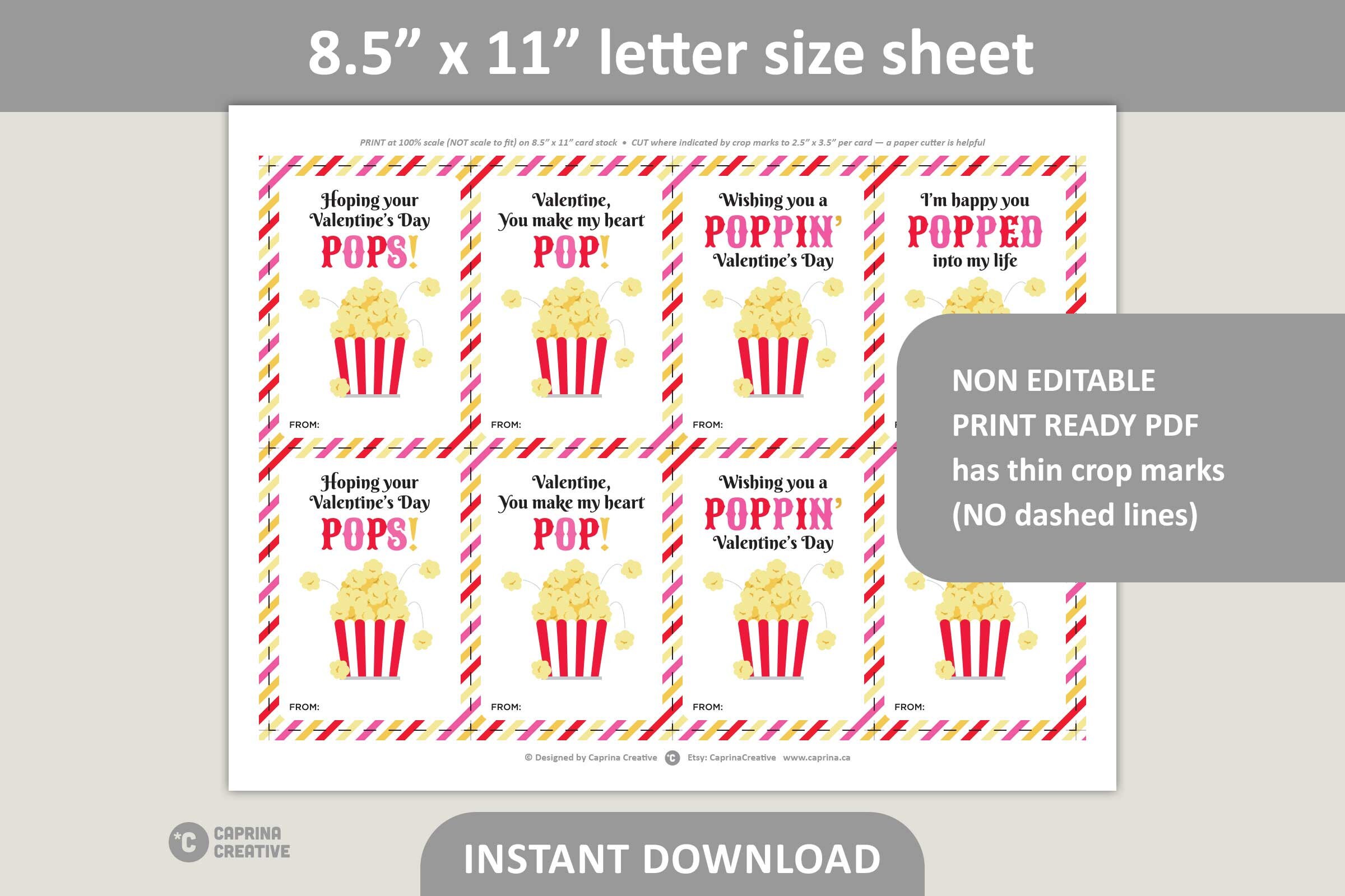Popcorn Valentine Printable Classroom Valentines / 2.5 X 3.5 Kids ...