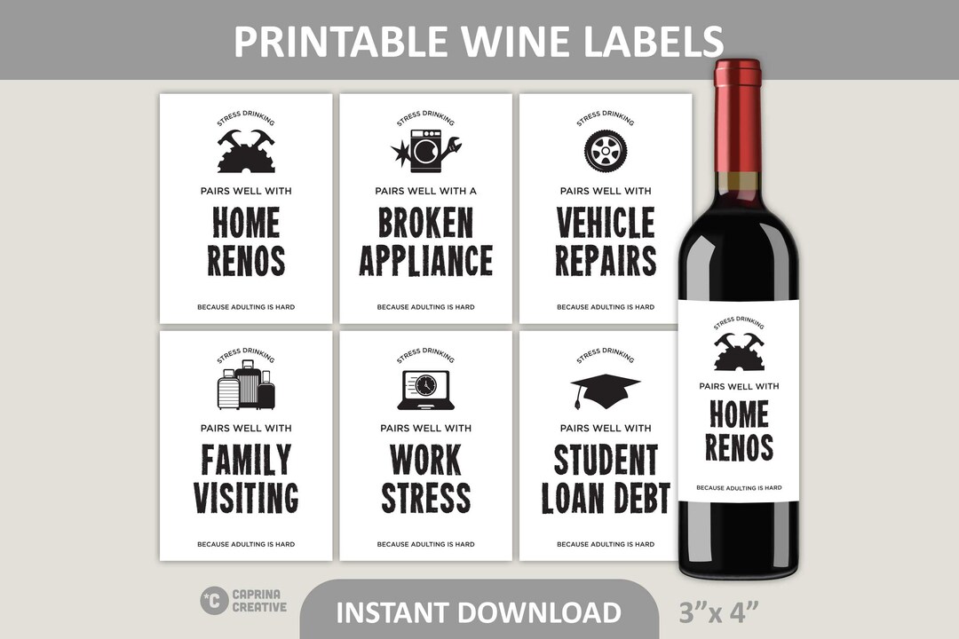 Stress Drinking Wine Labels Printable / Funny Wine Labels / Adulting is ...