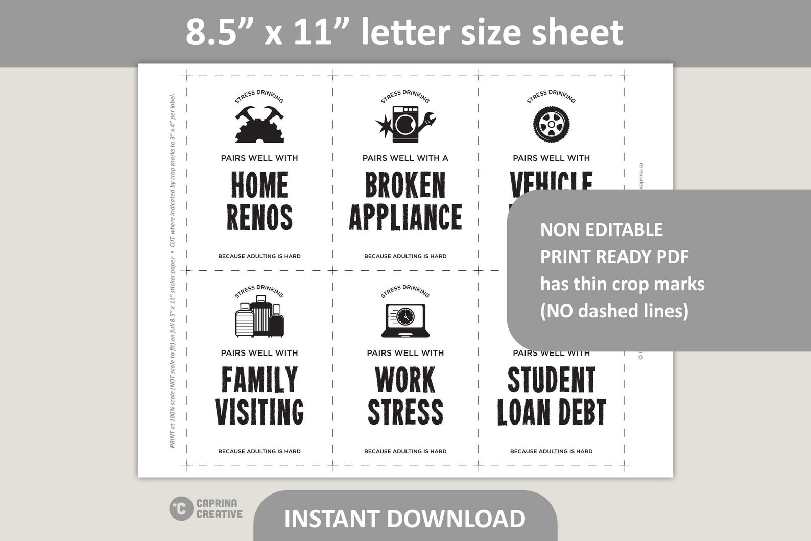 Stress Drinking Wine Labels Printable / Funny Wine Labels / Adulting is ...