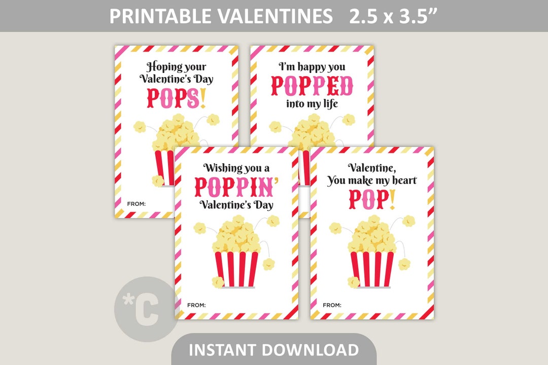 Popcorn Valentine Printable Classroom Valentines / 2.5" X 3.5" Kids ...