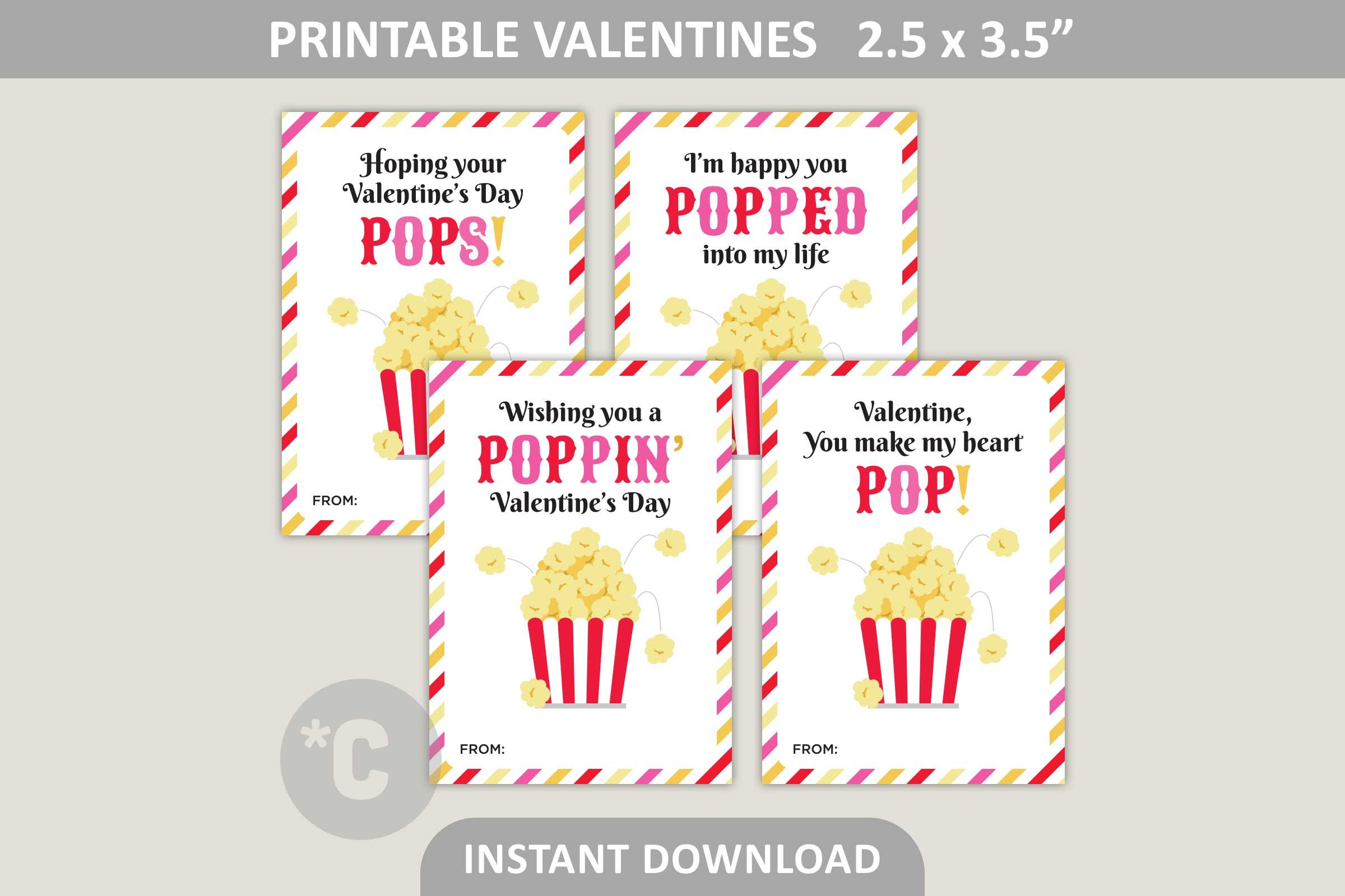 Popcorn Valentine Printable Classroom Valentines / 2.5 X 3.5 Kids ...