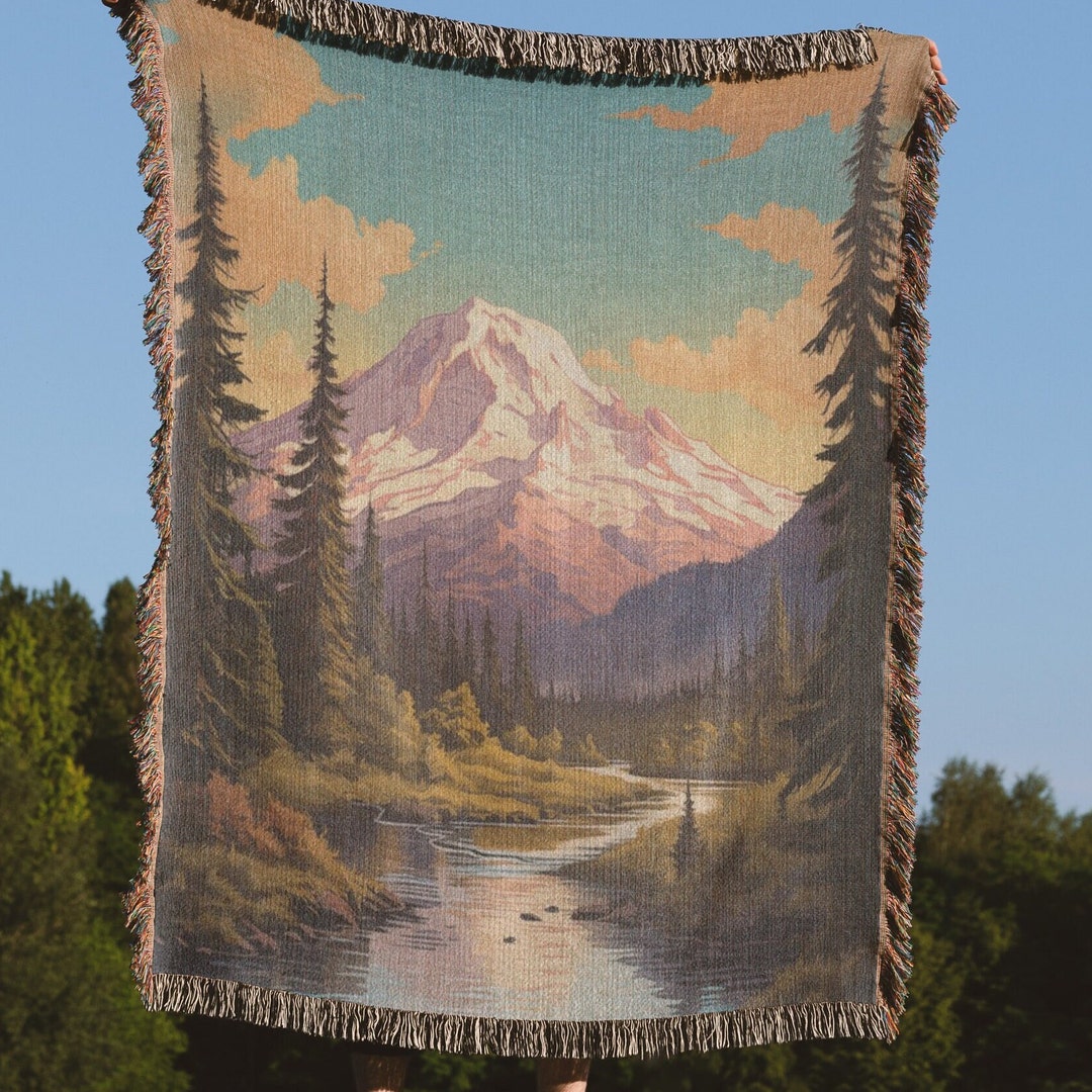 Mount Rainier Woven Blanket | Mount Rainier Tapestry, Vintage Mountain Blanket, Mountain Decor ...