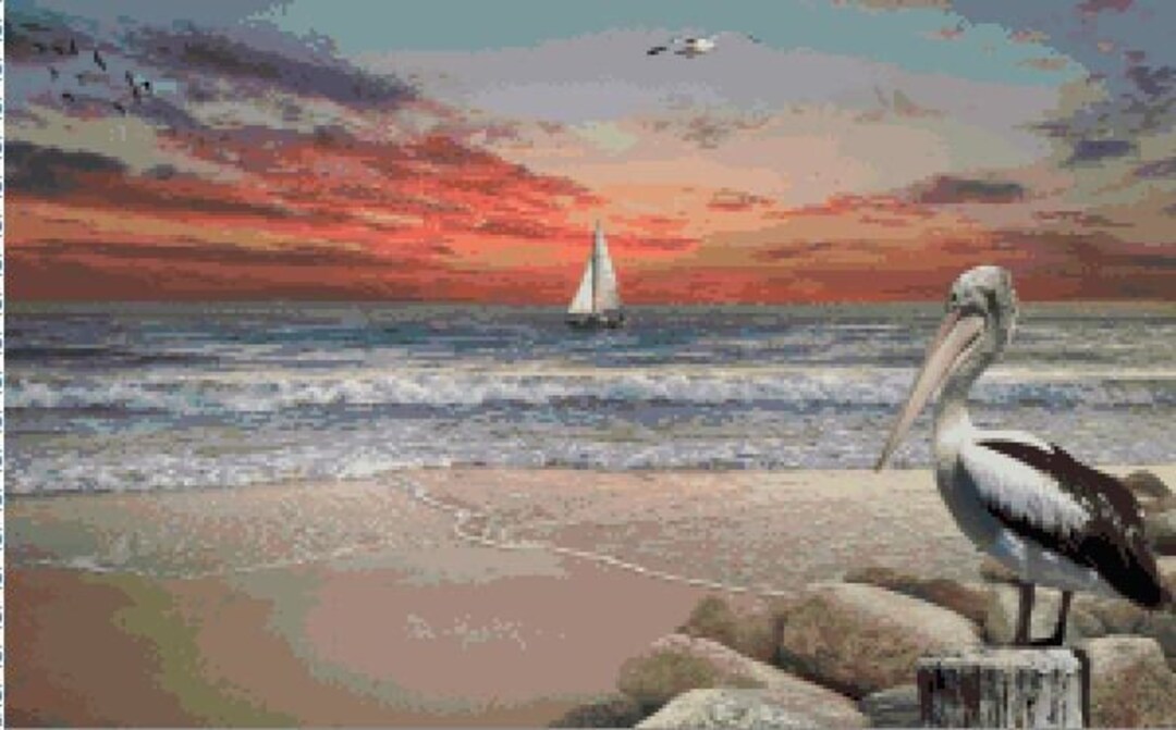 AT THE BEACH, Pelican, Ocean, Sunset, Nature, Counted Cross Stitch Pdf ...