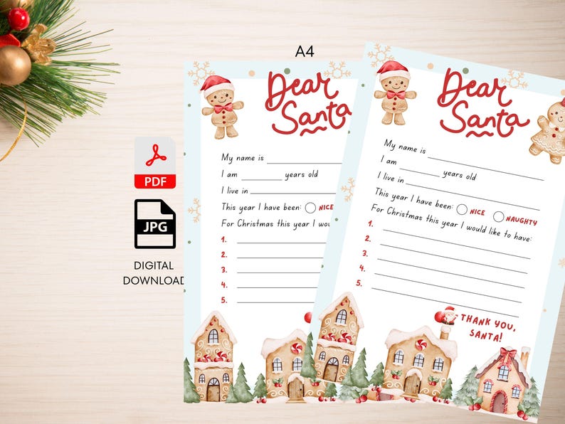 Dear Santa Letter Printable for Kids Xmas Wish List Children Holiday ...