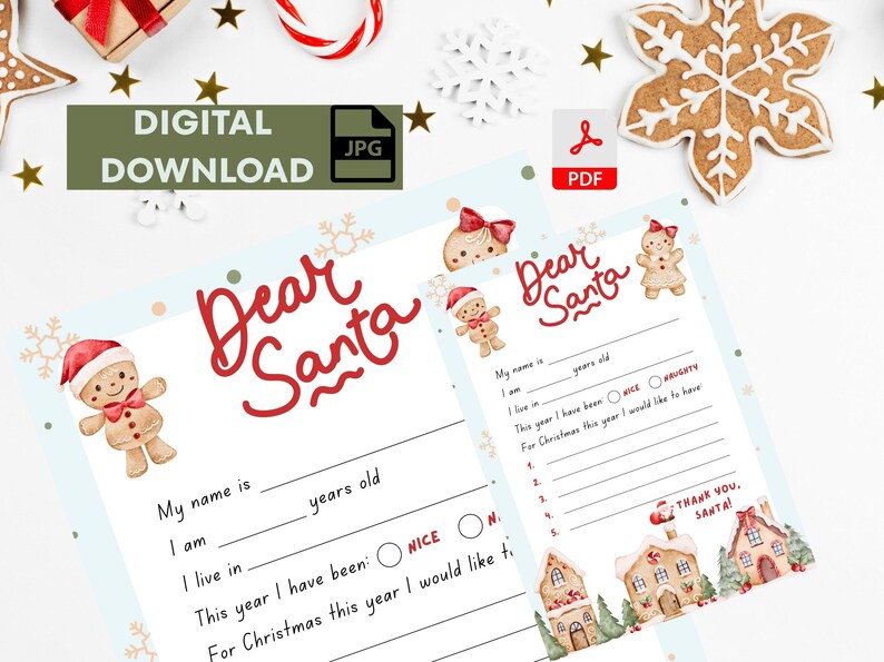 Dear Santa Letter Printable for Kids Xmas Wish List Children Holiday ...