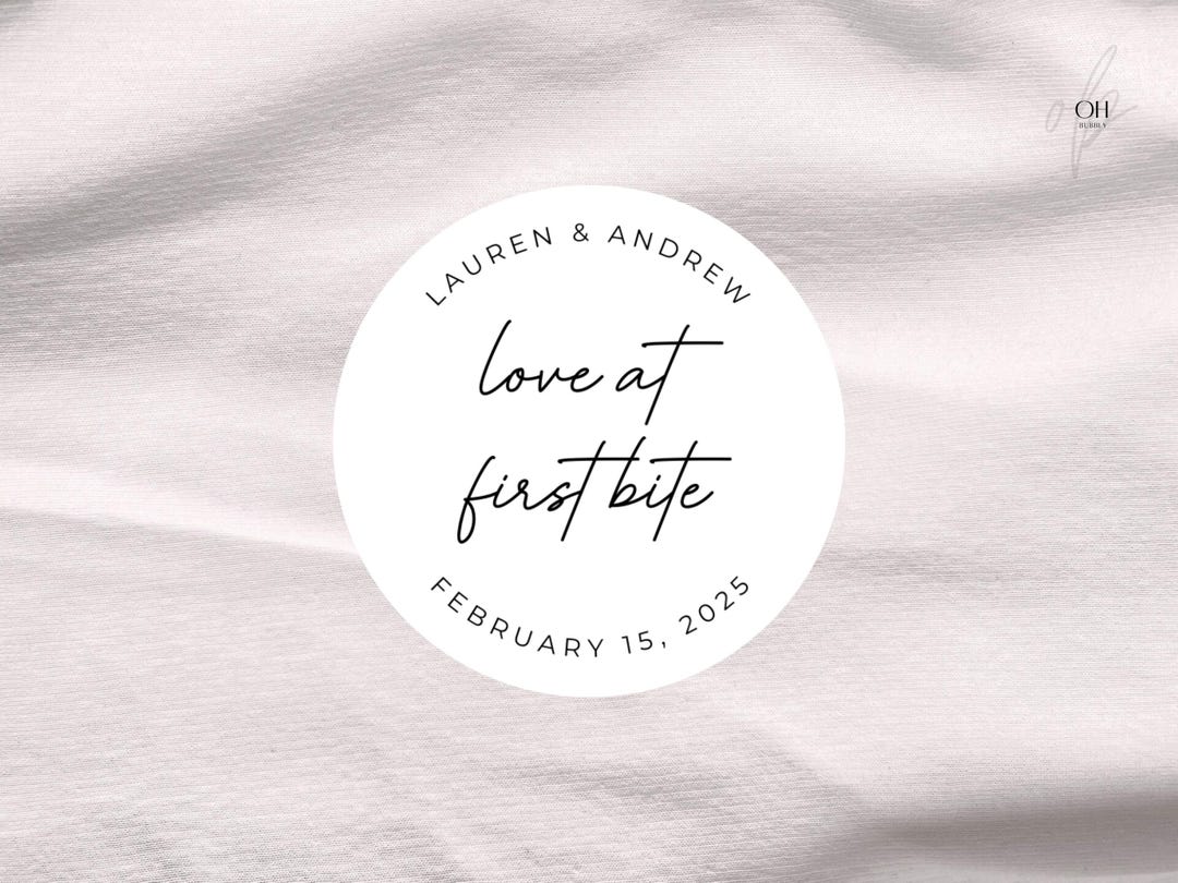 Love at First Bite Cursive Labels, Round White Matte Stickers, Wedding ...