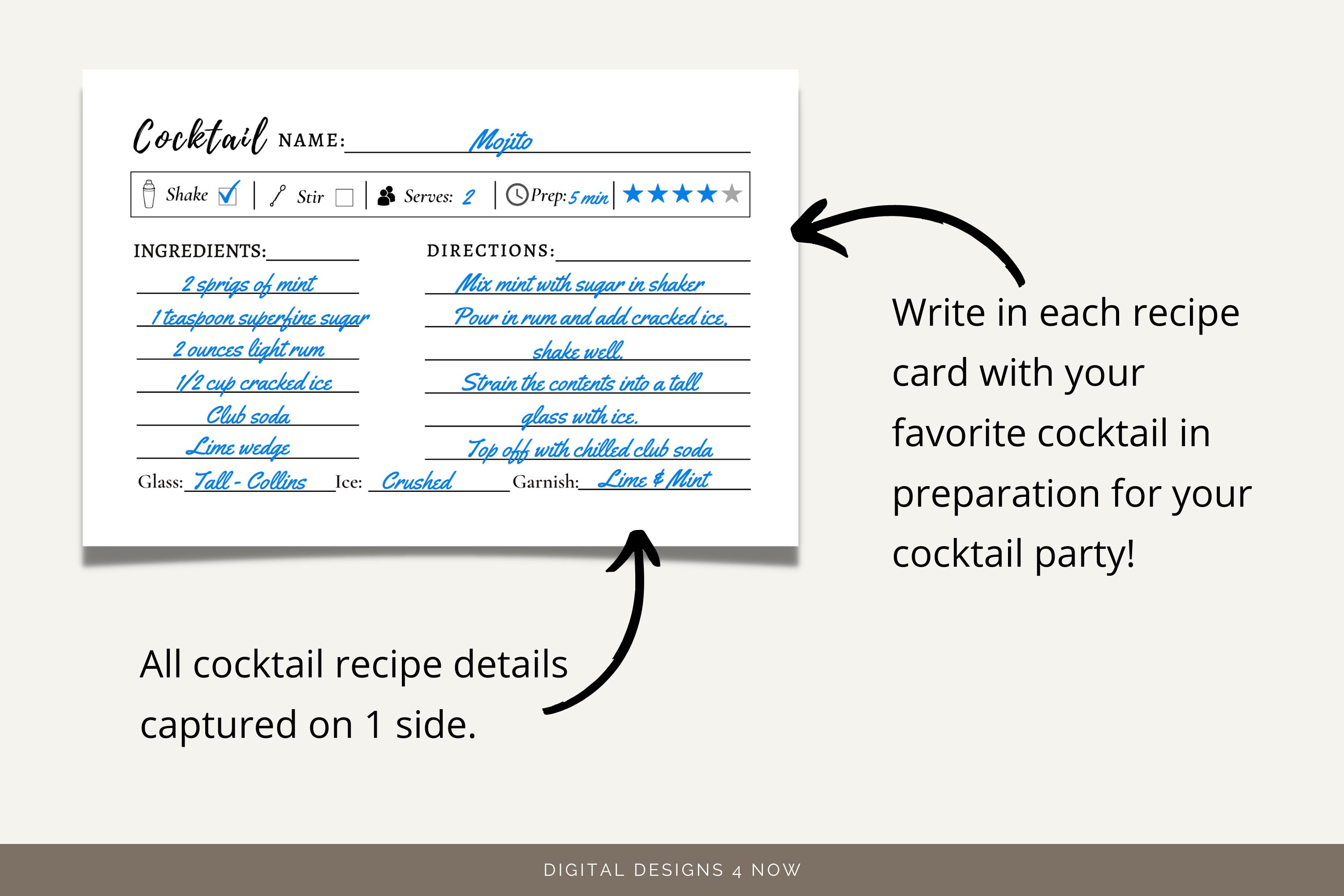 Cocktail Recipe Card Printable, Drink Recipe Card Template, Cocktail ...