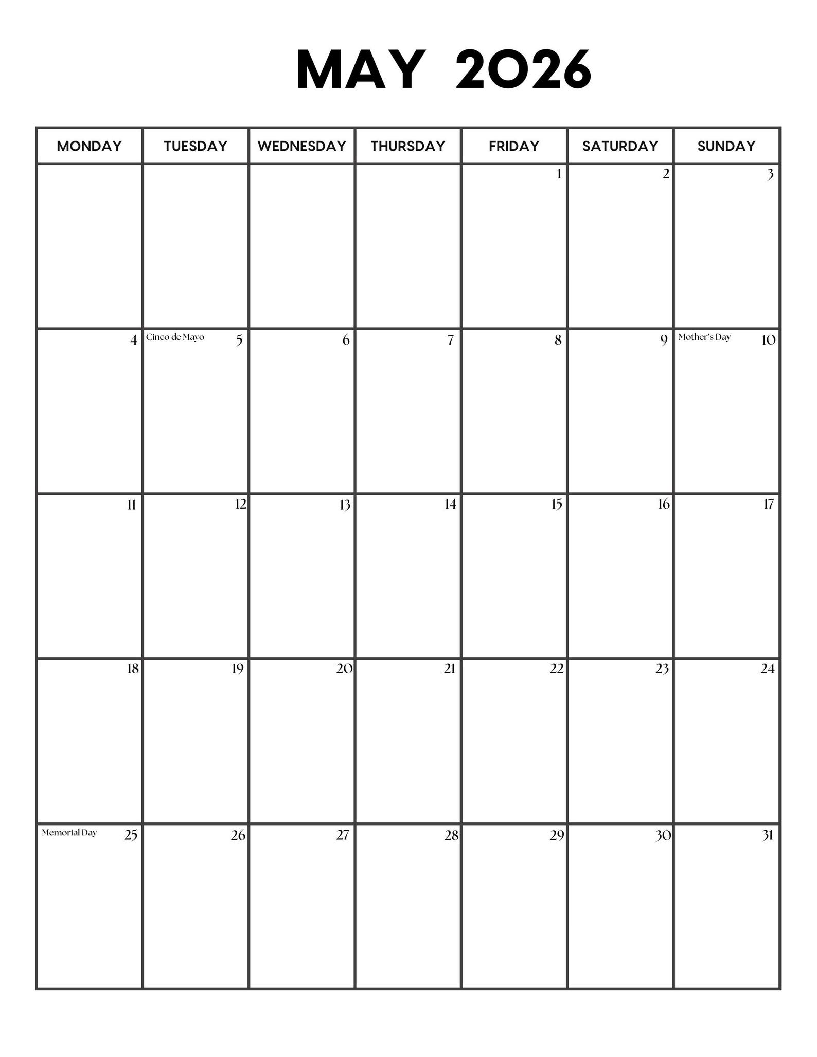 2026 May Portrait Calendar With Holidays | May Calendar Printable ...