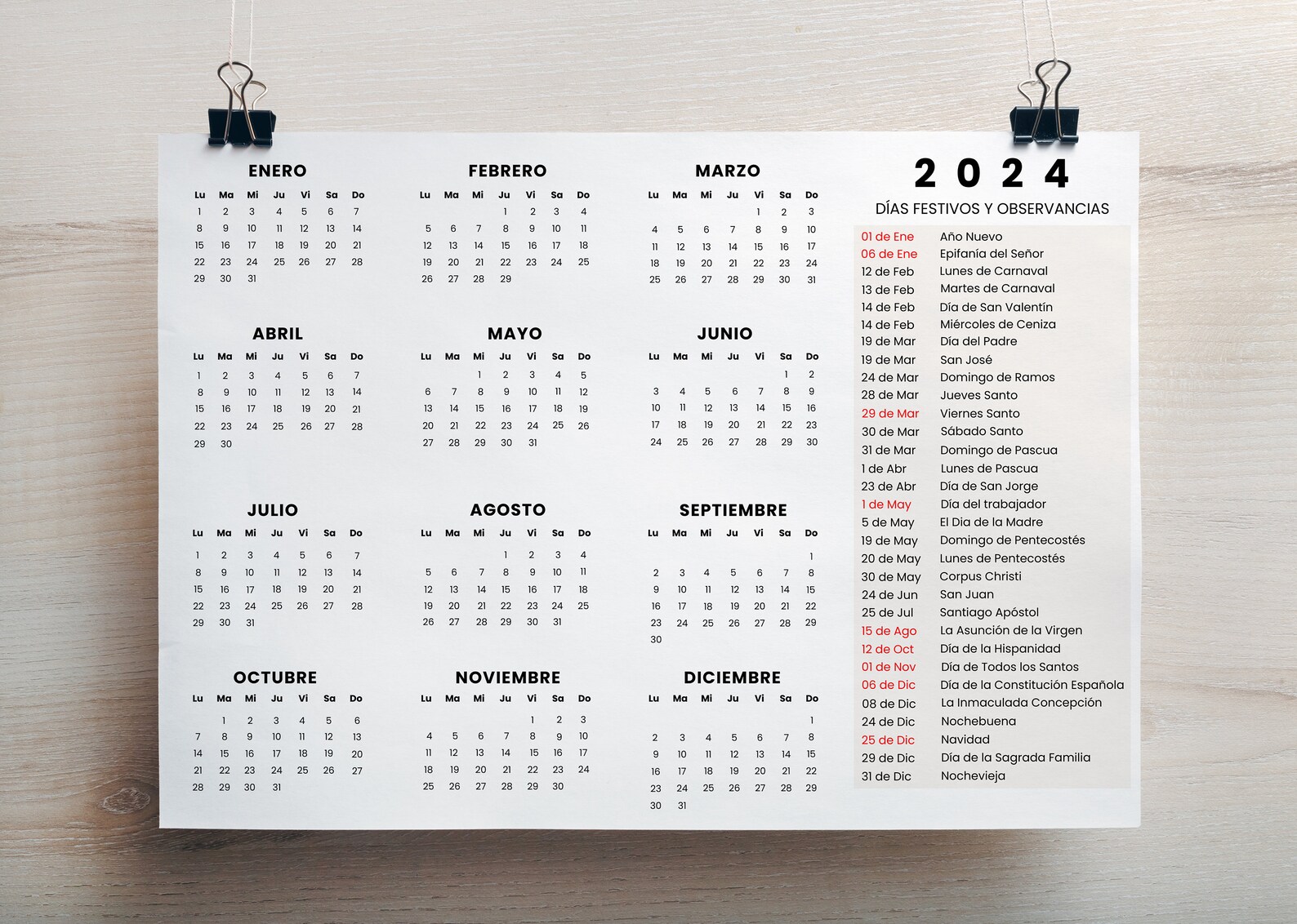 Calendario Español 2024 Con Festivos 2024 Spanish Calendar With ...