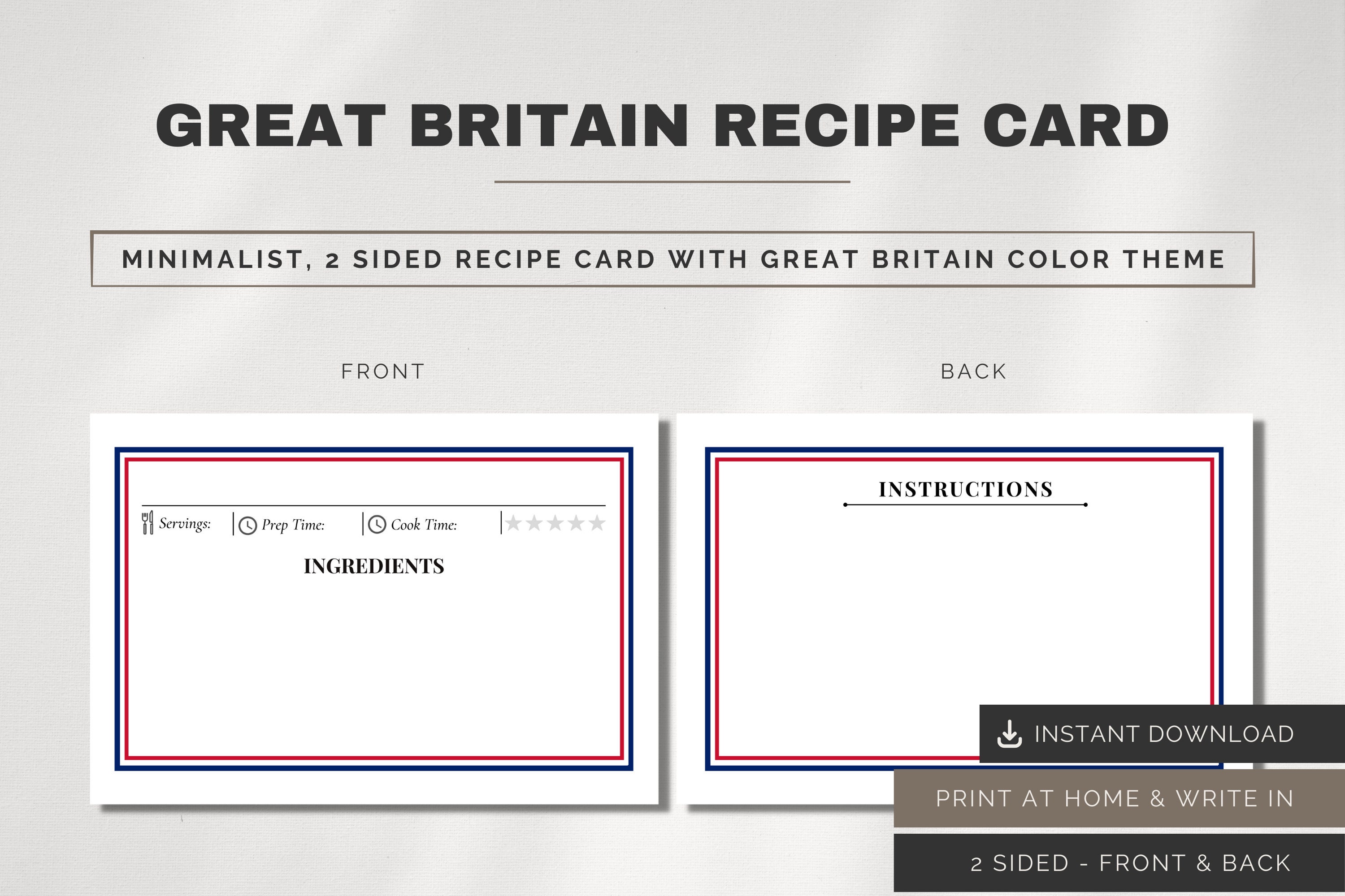 Great Britain Recipe Card Template, Minimalist Recipe Printable, DIY ...