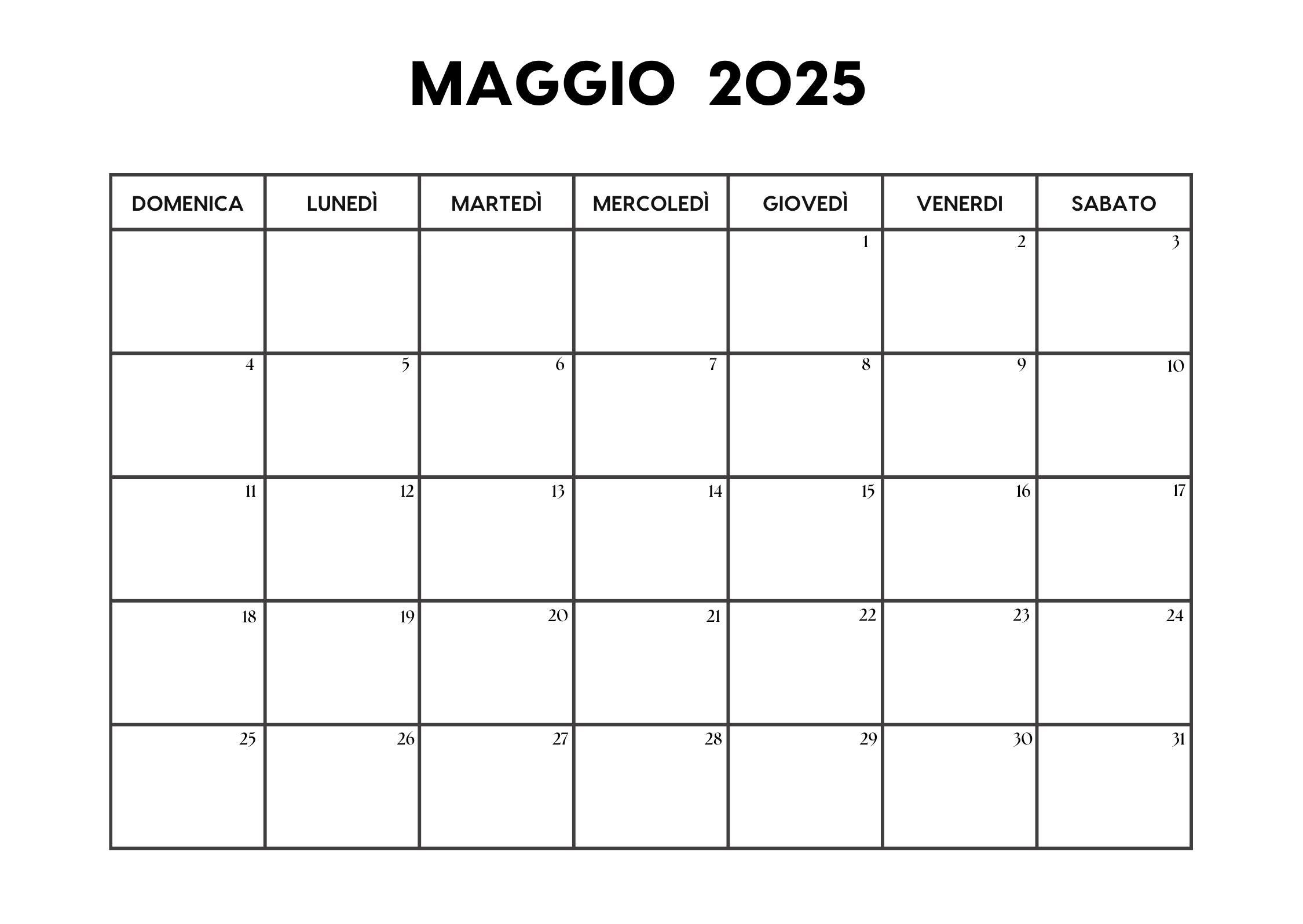 Calendario Italiano Maggio 2025 | Italian May 2025 Calendar | Inizio ...