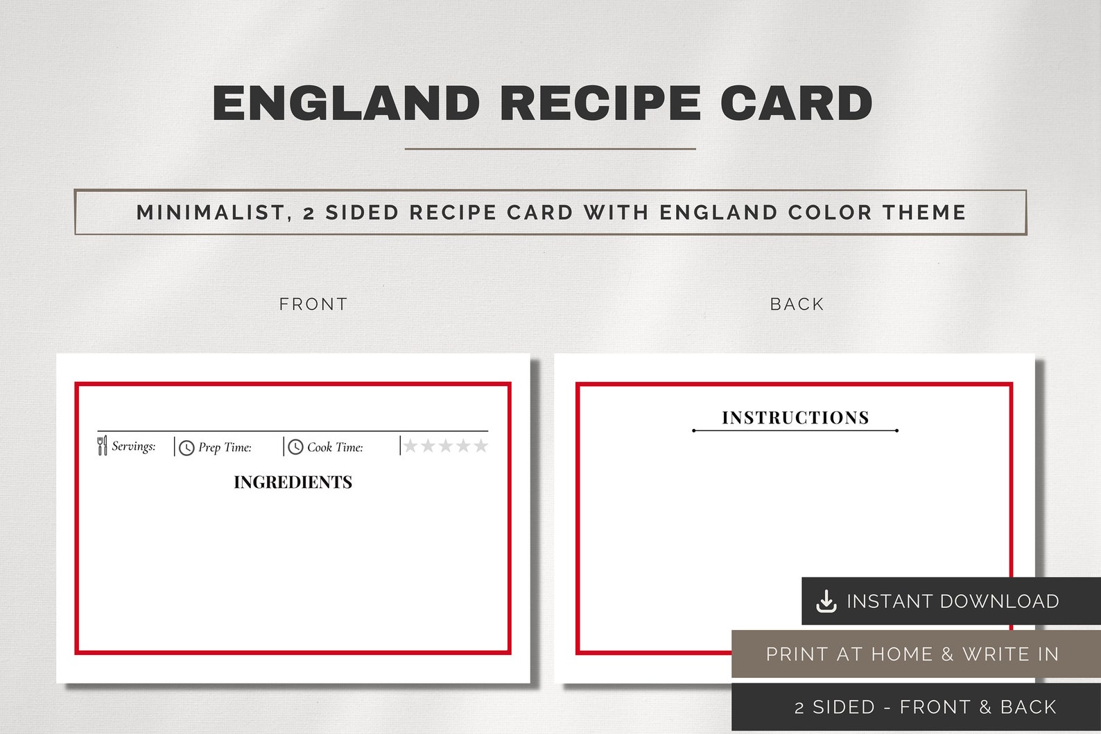 England Recipe Card Template, Minimalist Recipe Printable, DIY Recipe ...