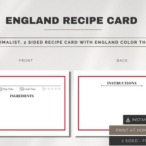 England Recipe Card Template, Minimalist Recipe Printable, DIY Recipe ...