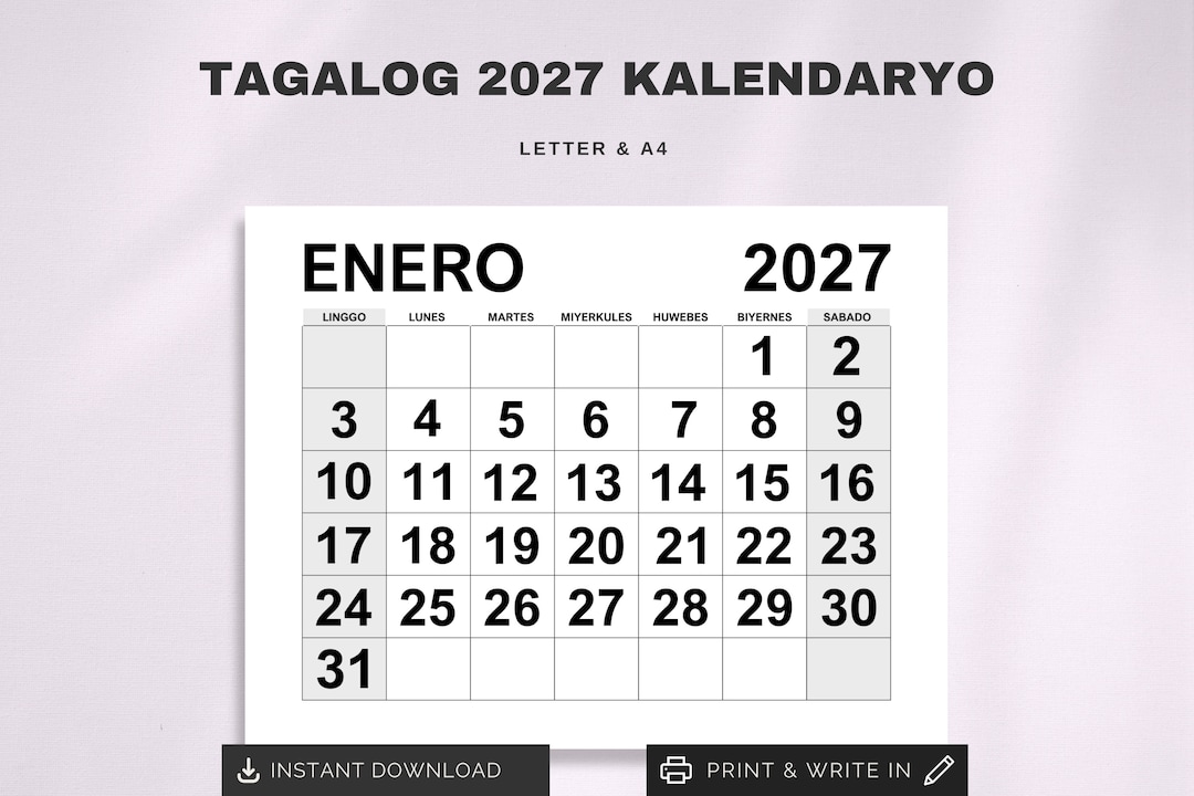 Tagalog 2027 Kalendaryo PDF | Printable 2027 Filipino Calendar | Monday ...