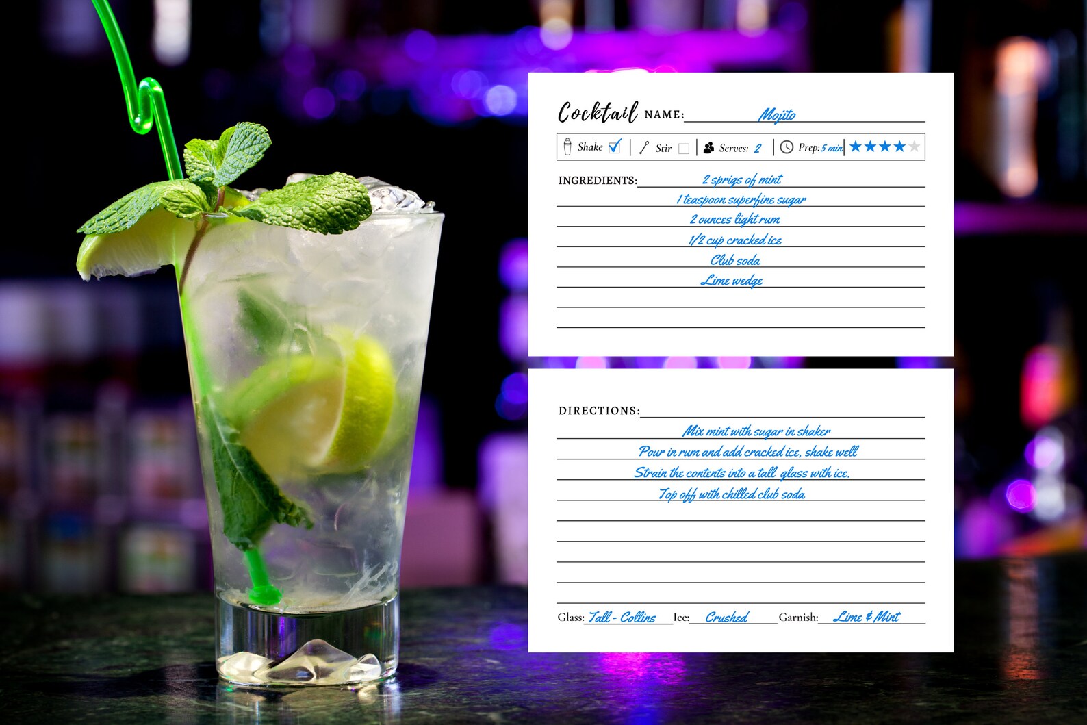Cocktail Recipe Card Printable 2 Sided, Drink Recipe Card Template ...