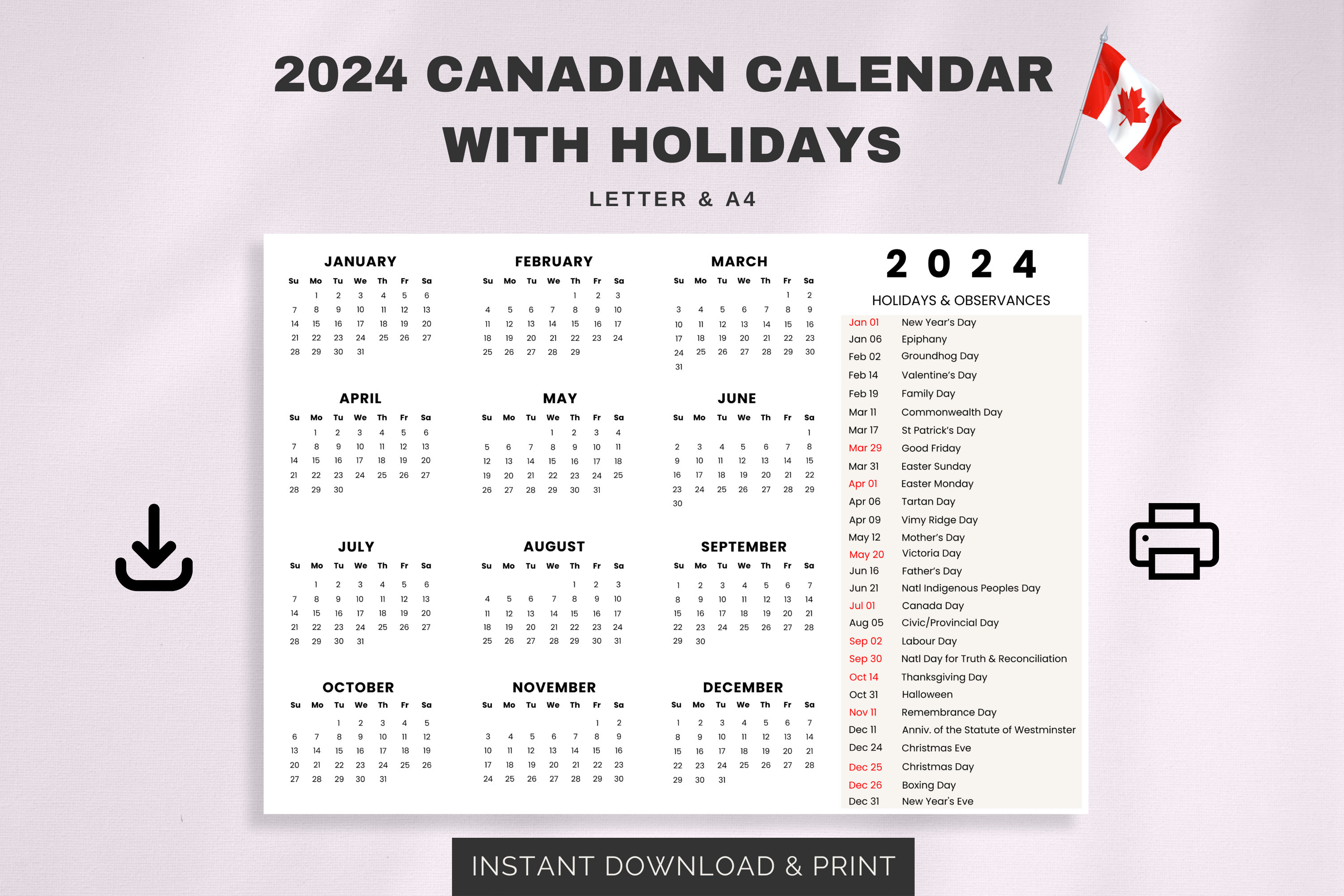 2024 Canadian Calendar With Holidays Sunday & Monday Start Letter / A4 ...