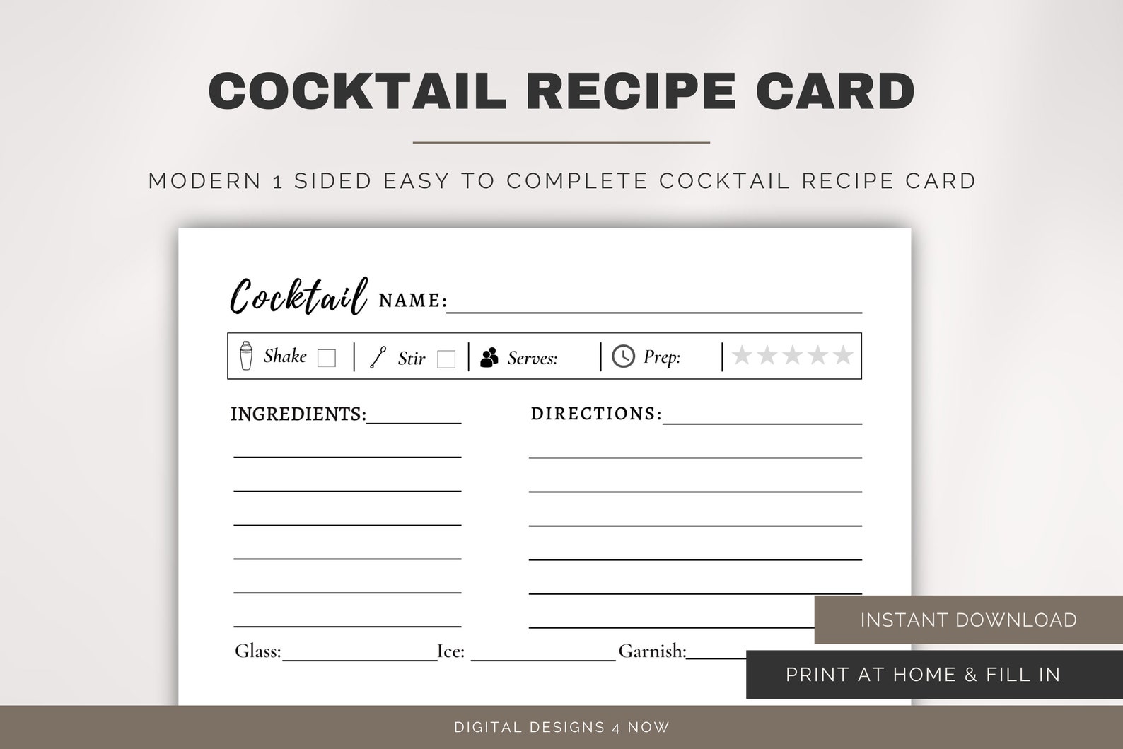 Cocktail Recipe Card Printable, Drink Recipe Card Template, Cocktail ...