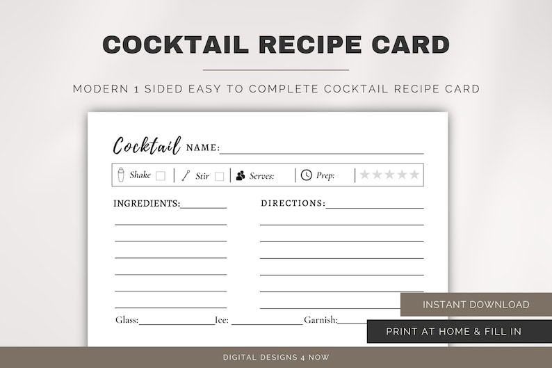 Cocktail Recipe Card Printable, Drink Recipe Card Template, Cocktail ...
