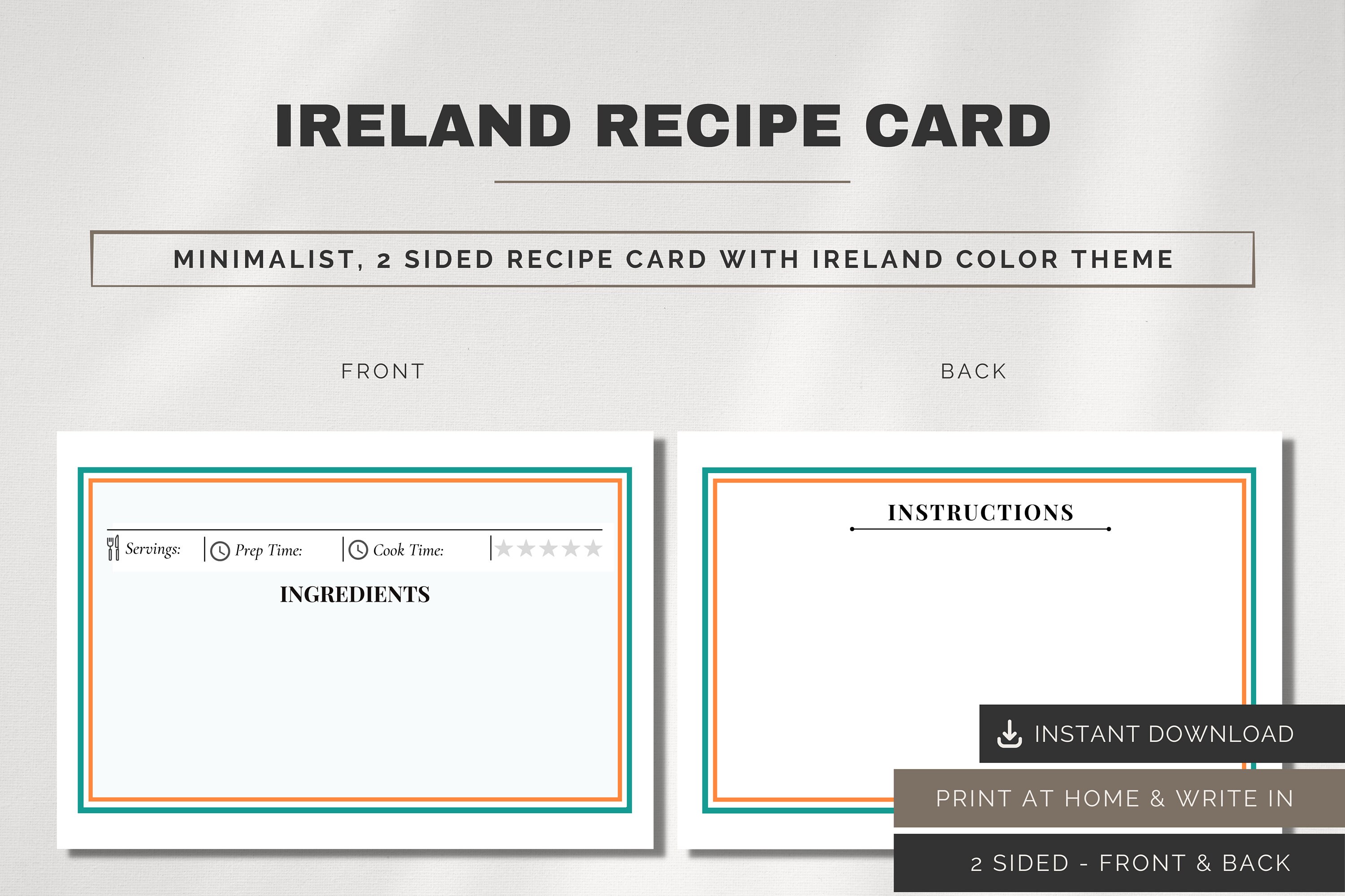 Ireland Recipe Card Template Minimalist Recipe Printable DIY - Etsy